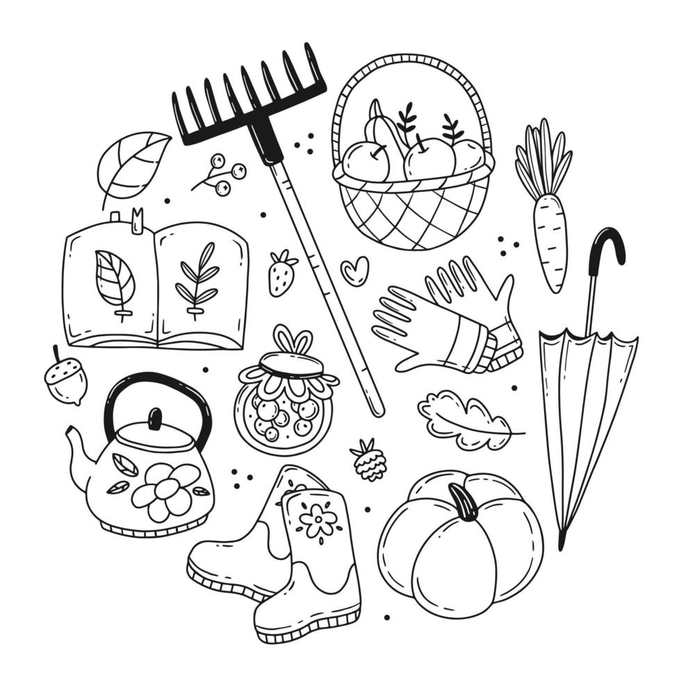 Set of autumn elements in simple doodle style in the shape of a circle ...