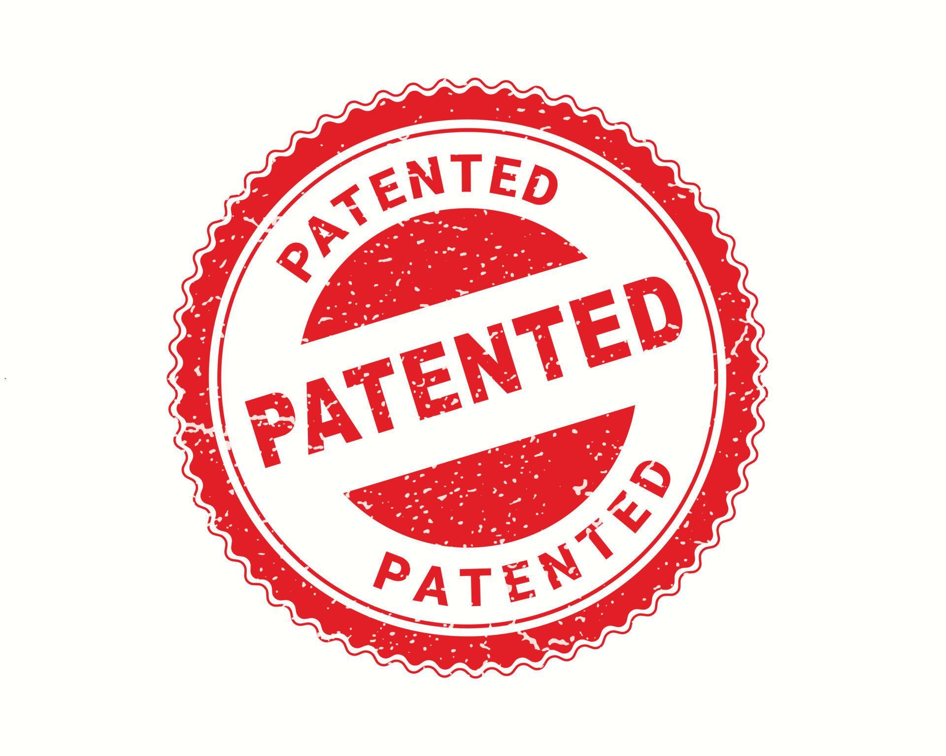 Patented stamp in rubber style, red round grunge patented sign, rubber ...