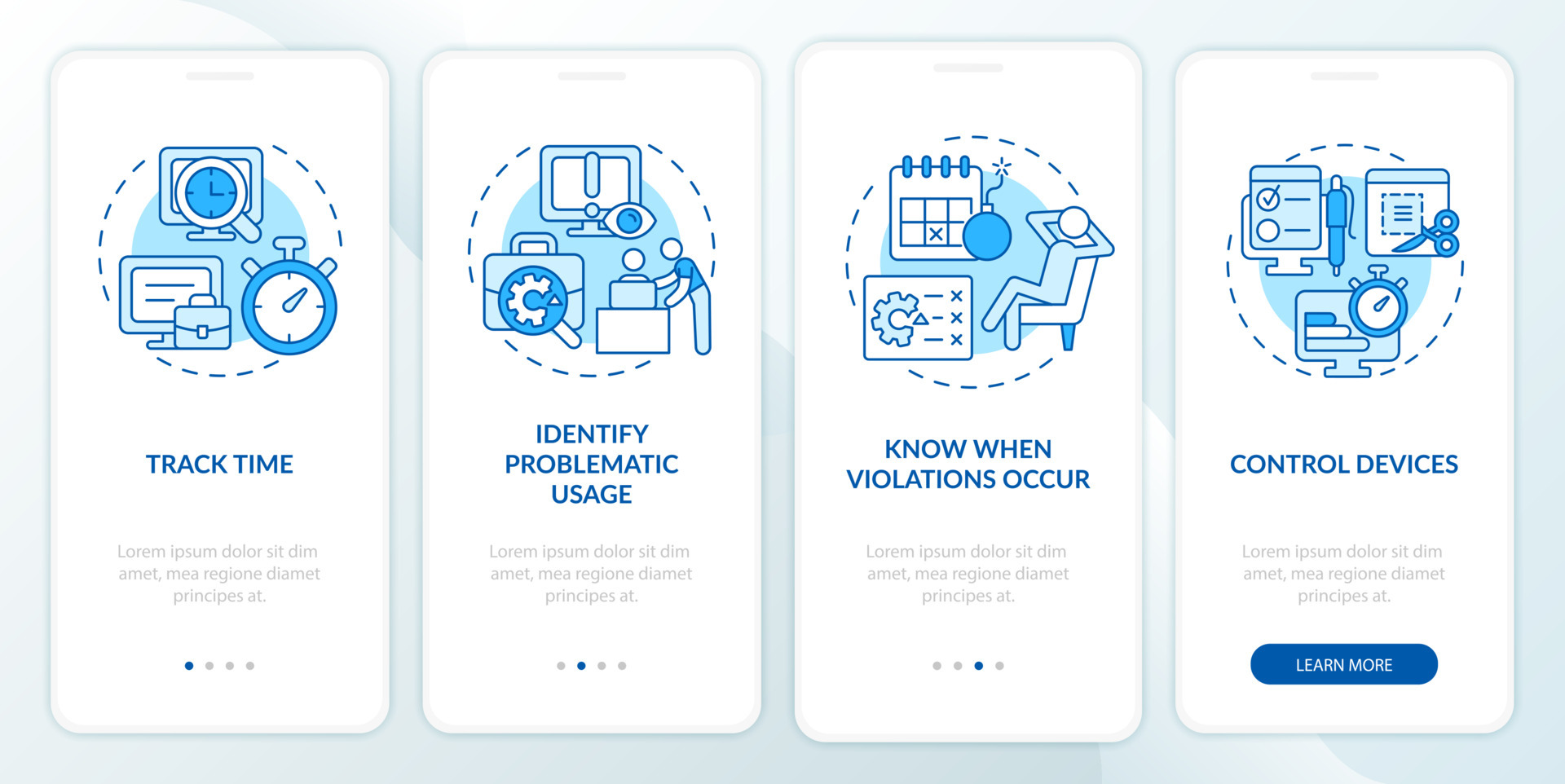 Benefit Of Employee Monitoring Blue Onboarding Mobile App Page Screen Work Tracking Walkthrough