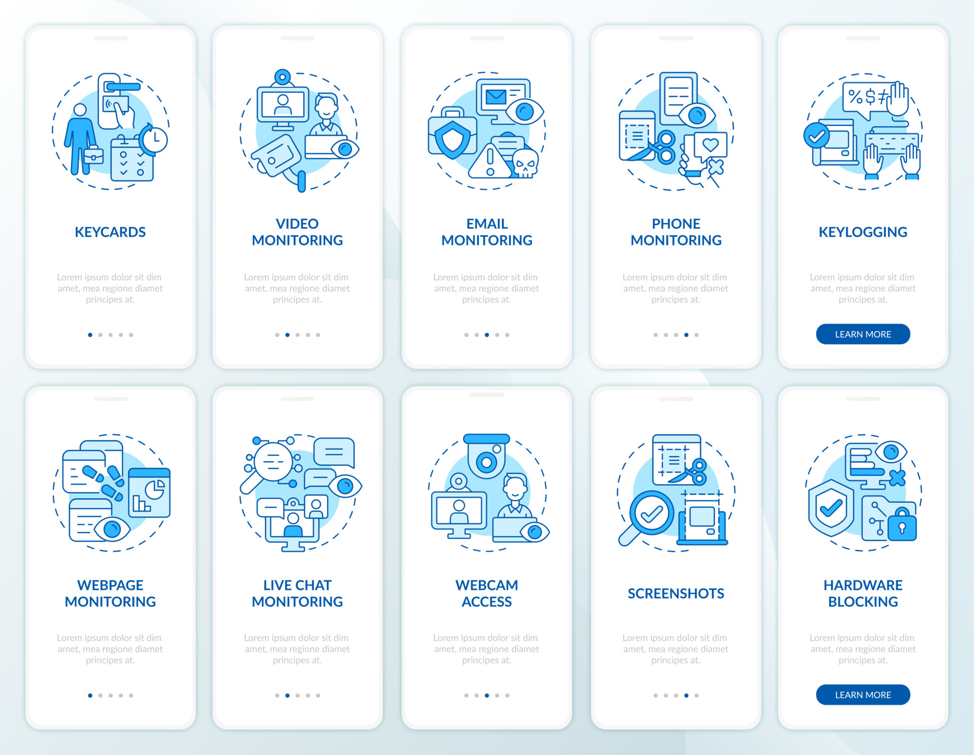 Employee Monitoring Blue Onboarding Mobile App Page Screen Work Tracking Walkthrough 5 Steps