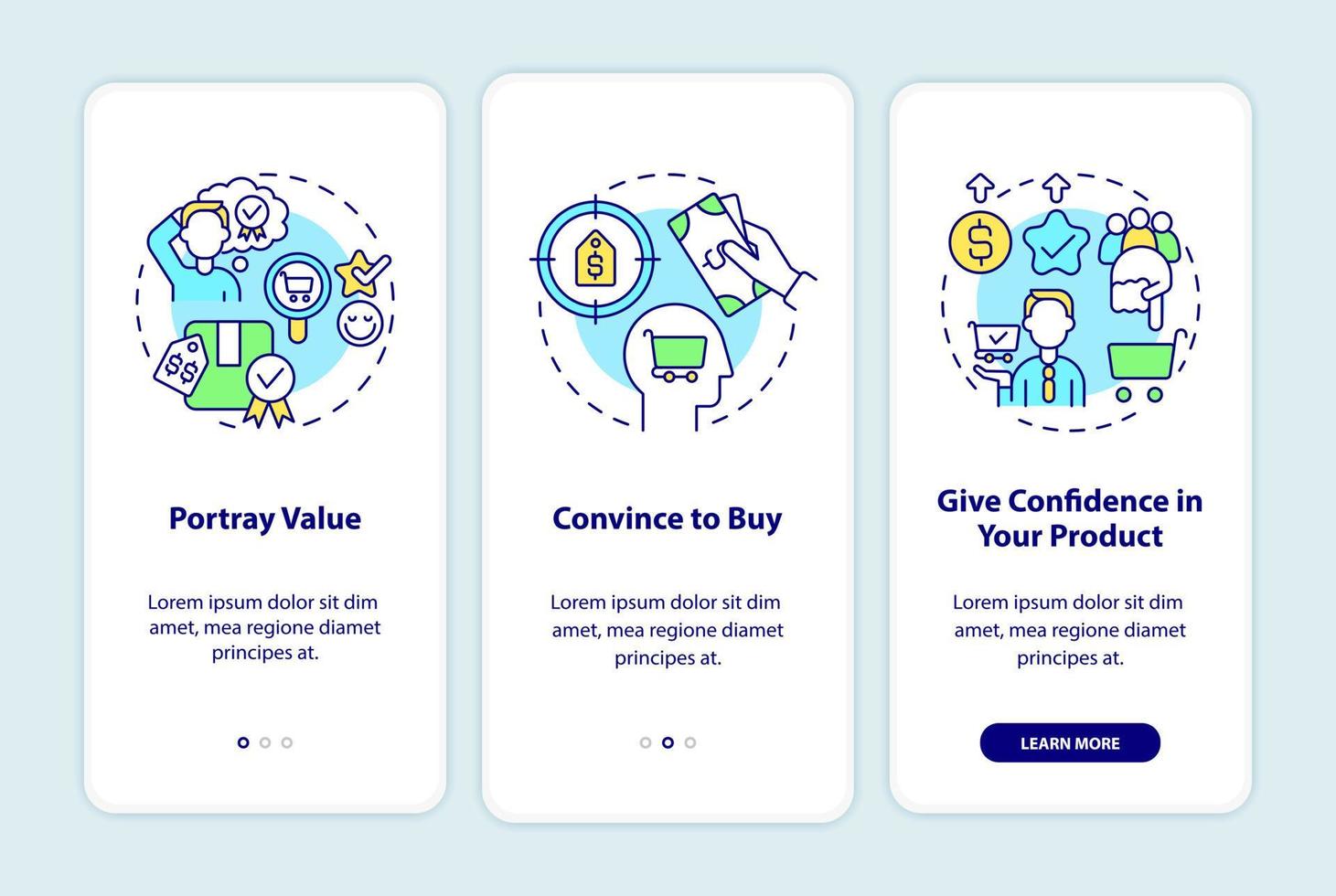 Good Pricing Strategy Characteristics Onboarding Mobile App Screen Walkthrough 3 Steps Graphic
