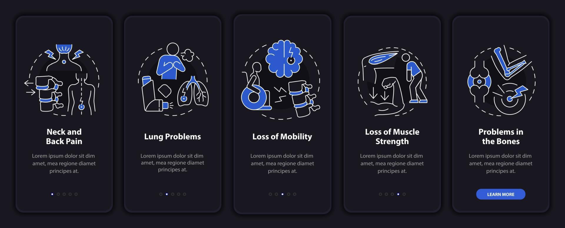 Physical Problems To Treat Dark Onboarding Mobile App Page Screen Healthcare Walkthrough 5