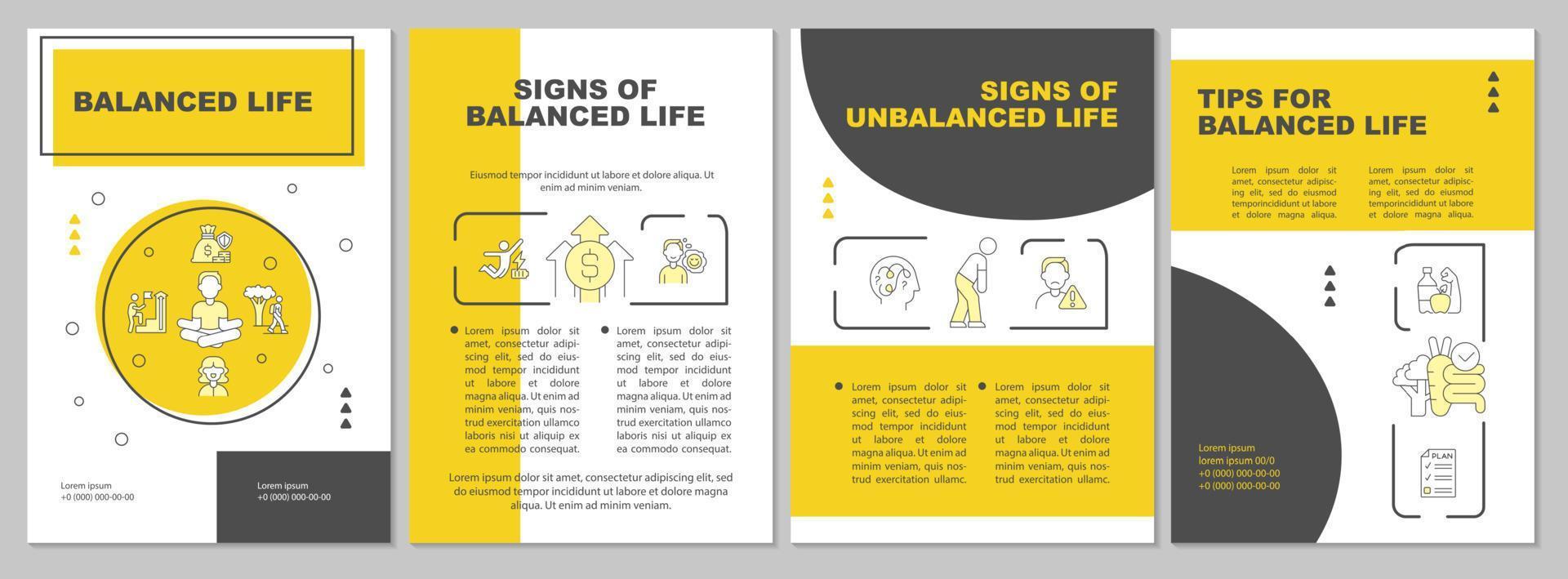 Balanced and unbalanced life yellow brochure template. Find harmony. Booklet print design with ...