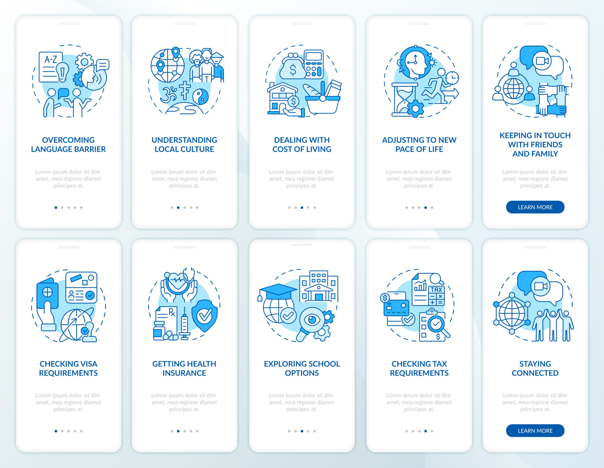 Expats blue onboarding mobile app page screen set. Struggles and ... Expats blue onboarding mobile app page screen set. Struggles and ...