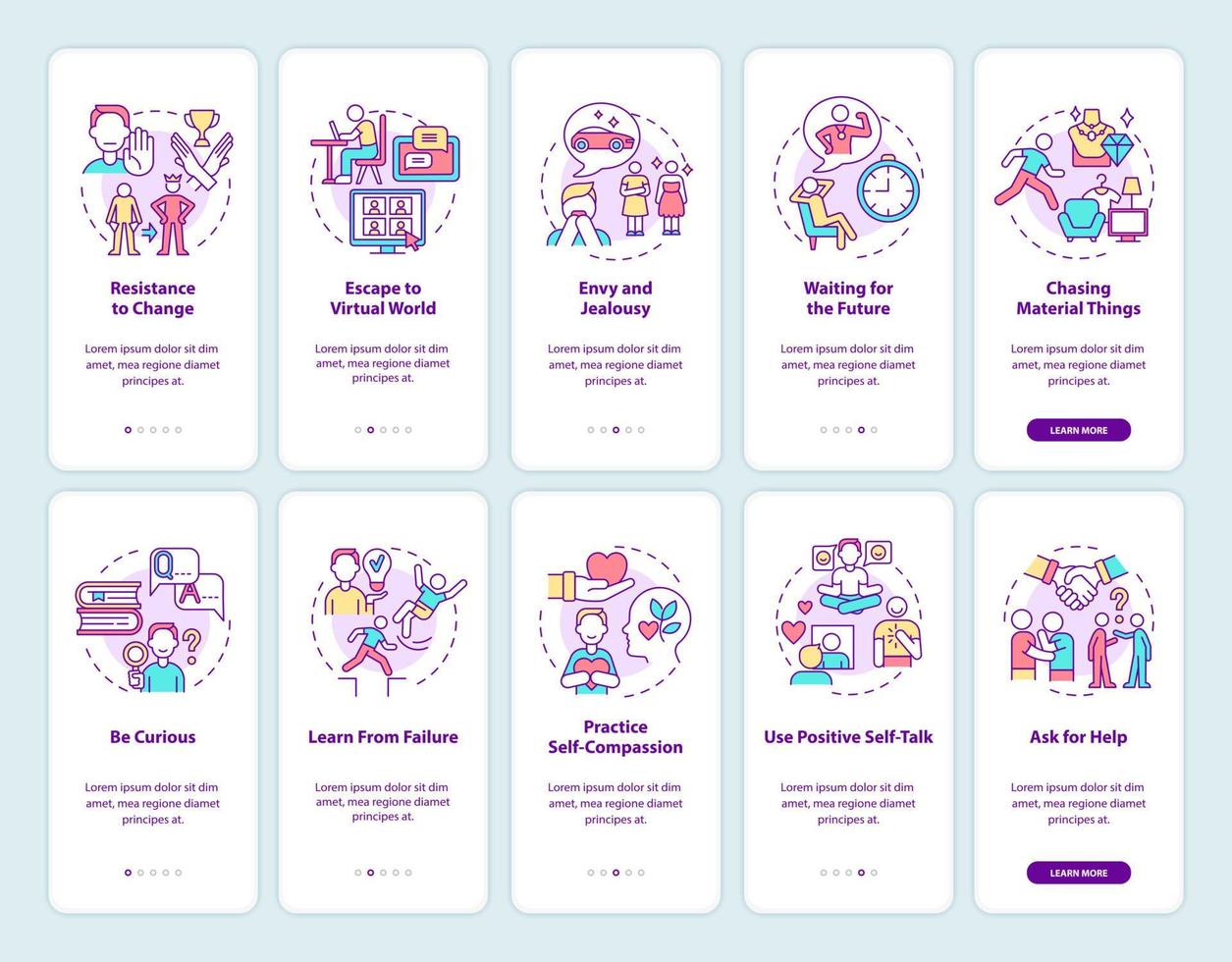 Happiness Mindset Onboarding Mobile App Page Screen Set Obstacles And Strategies Walkthrough 5
