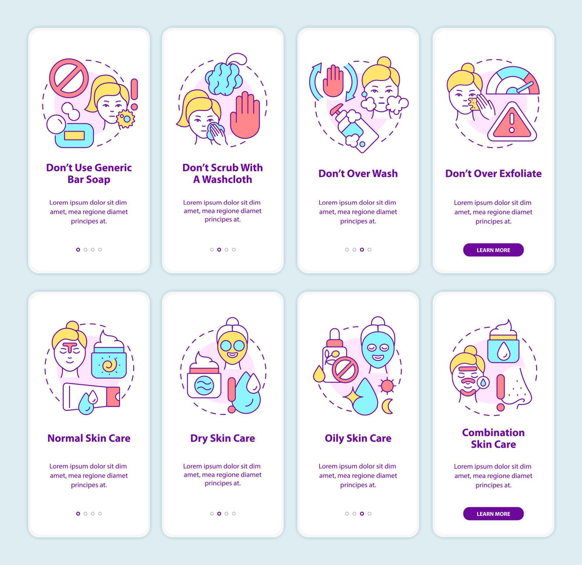 Skincare Routine Onboarding Mobile App Screen Set Beauty Walkthrough 4 Steps Graphic