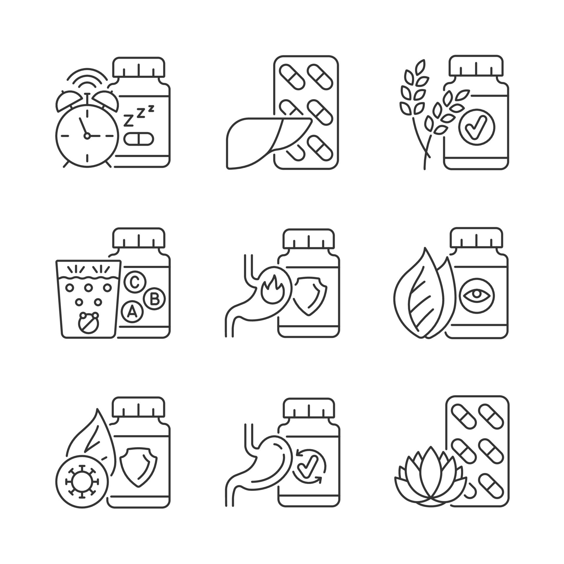 Food supplements linear icons set. Dietary products for health ...
