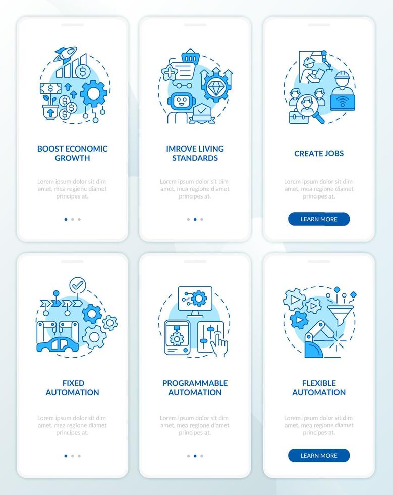 Automation Systems Blue Onboarding Mobile App Screen Set Hightech Walkthrough 3 Steps Graphic
