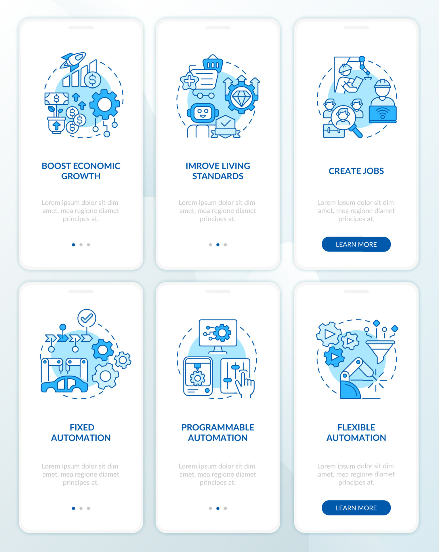 Automation Systems Blue Onboarding Mobile App Screen Set Hightech Walkthrough 3 Steps Graphic