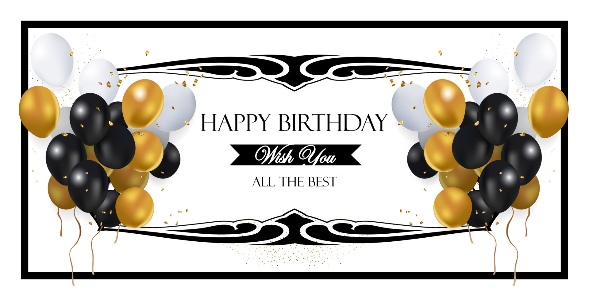 White Birthday Banner With Gold And Black Ballons Ornaments With Black