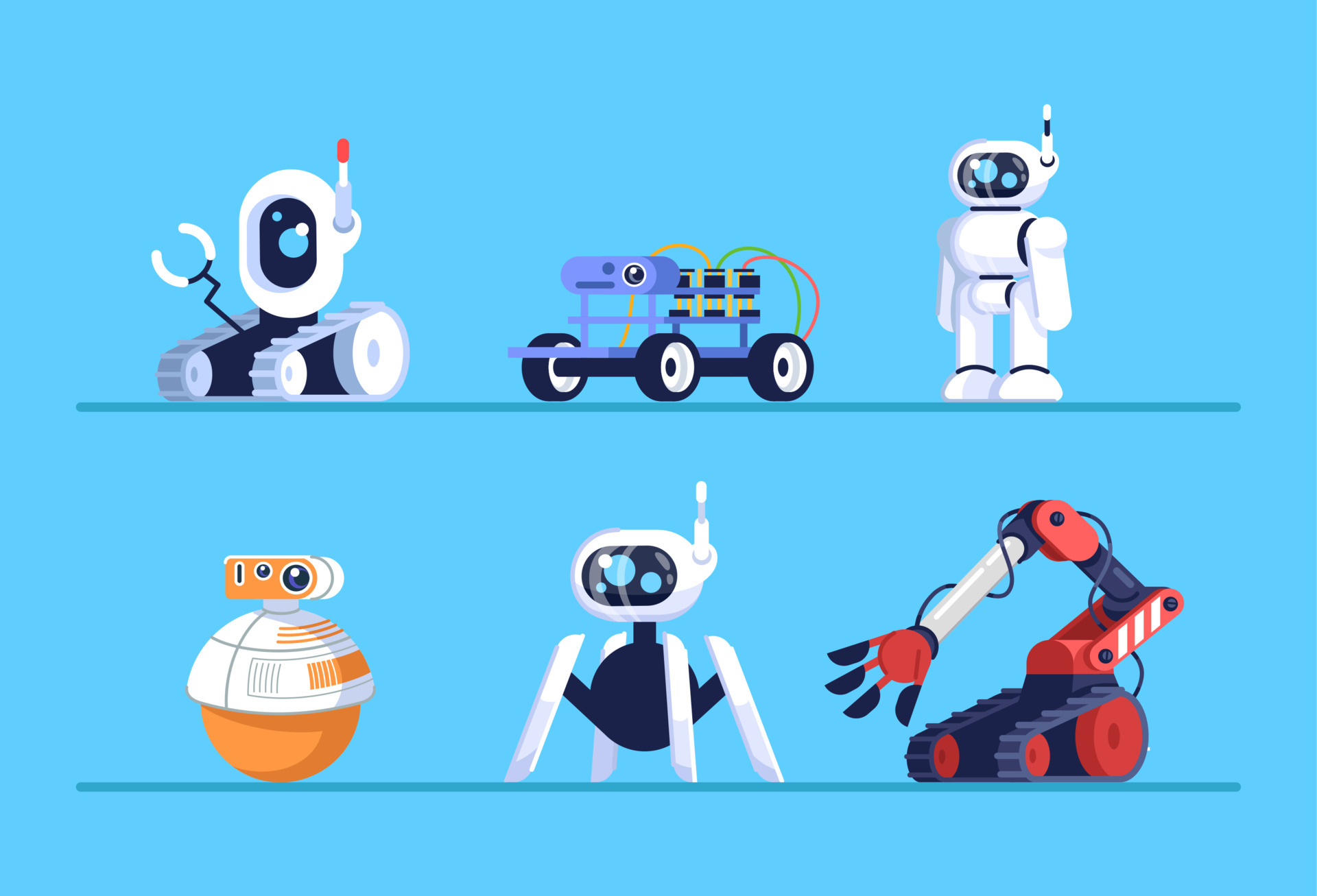 Robots flat vector illustrations set. Droids on wheels, with legs ...