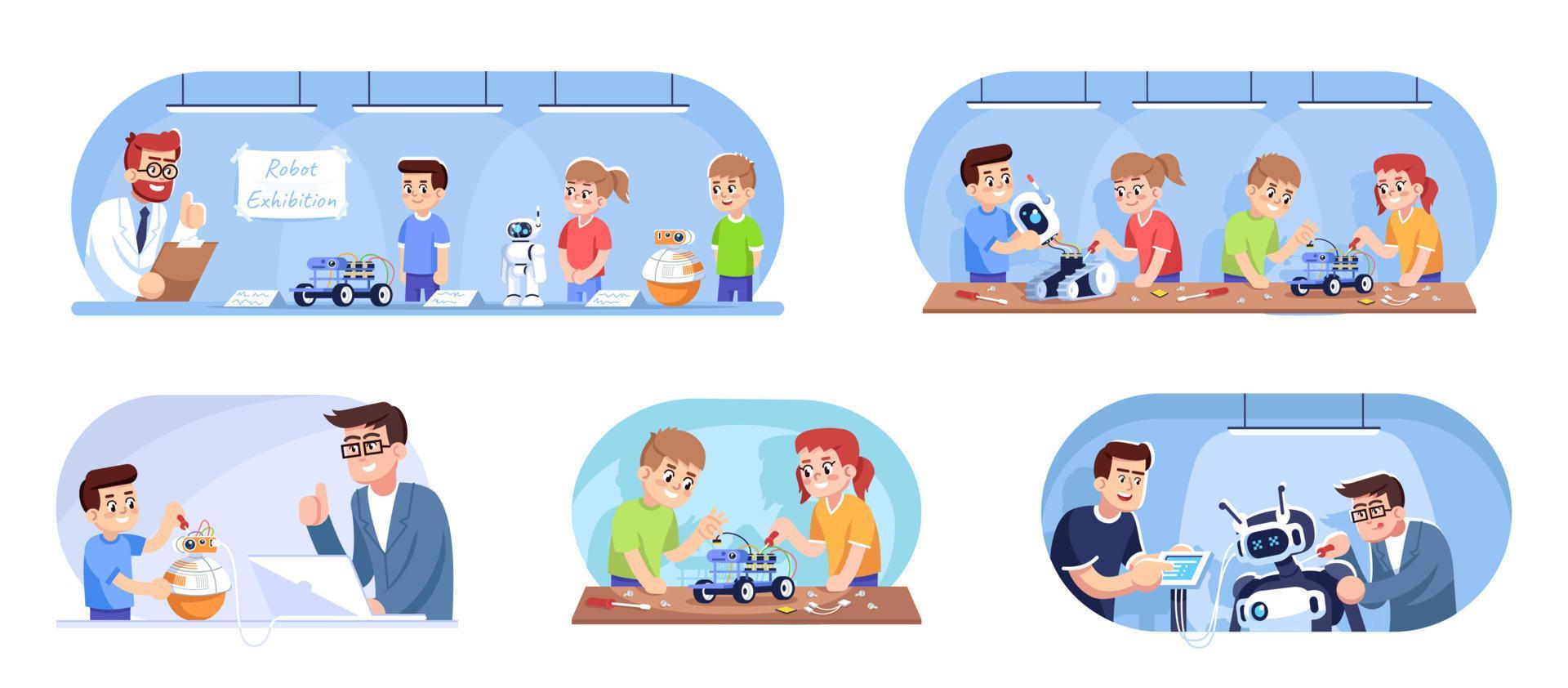 Robotics courses flat vector illustrations set. Creation of electronic ...