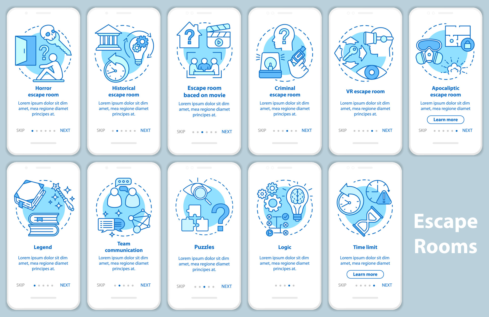 Escape Room Blue Onboarding Mobile App Page Screen Set With Linear