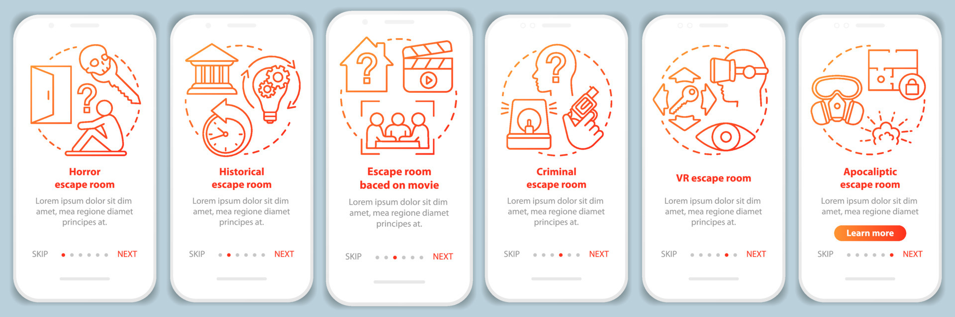 Escape Room Types Onboarding Mobile App Page Screen With Linear