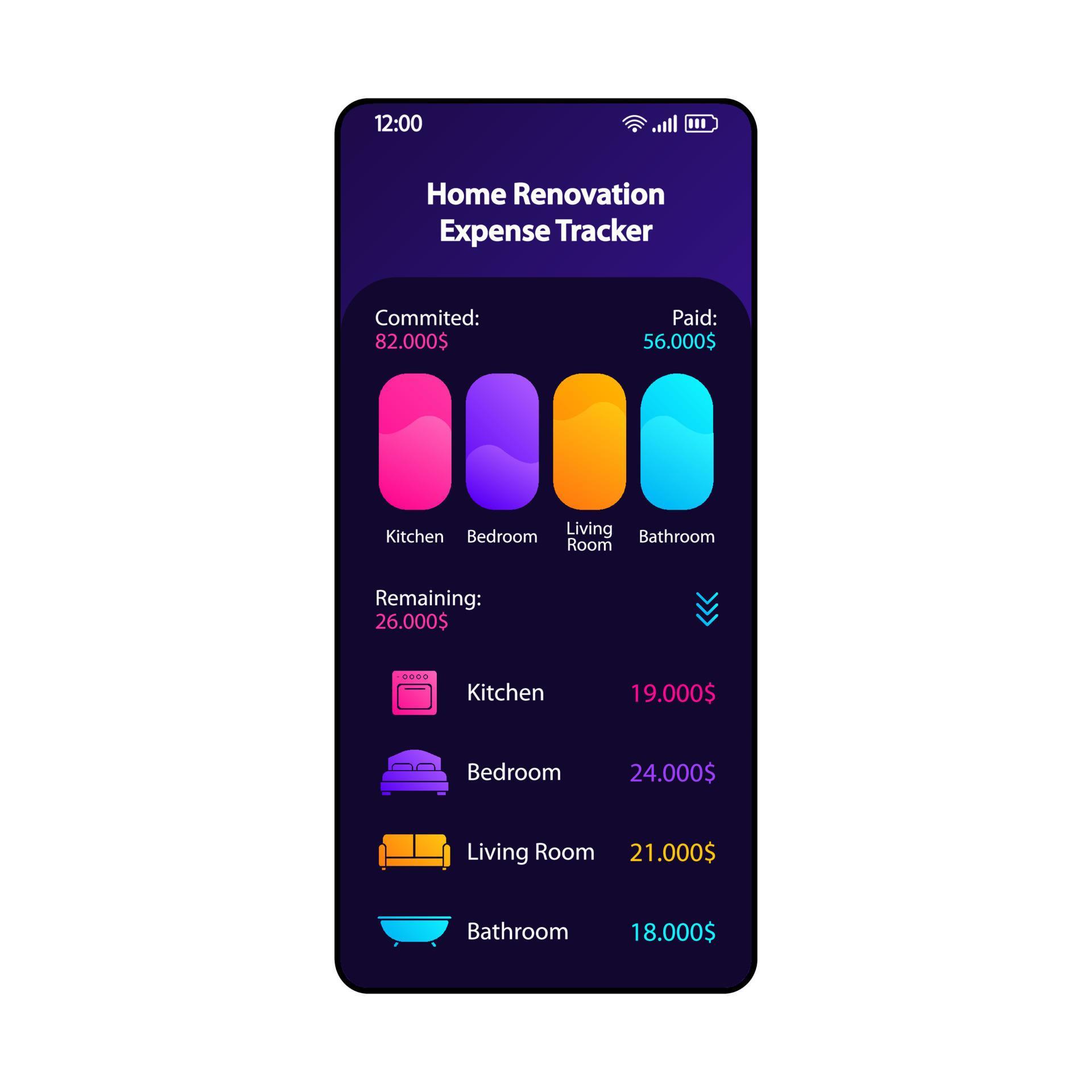 Home repair expense tracker smartphone interface vector template ...