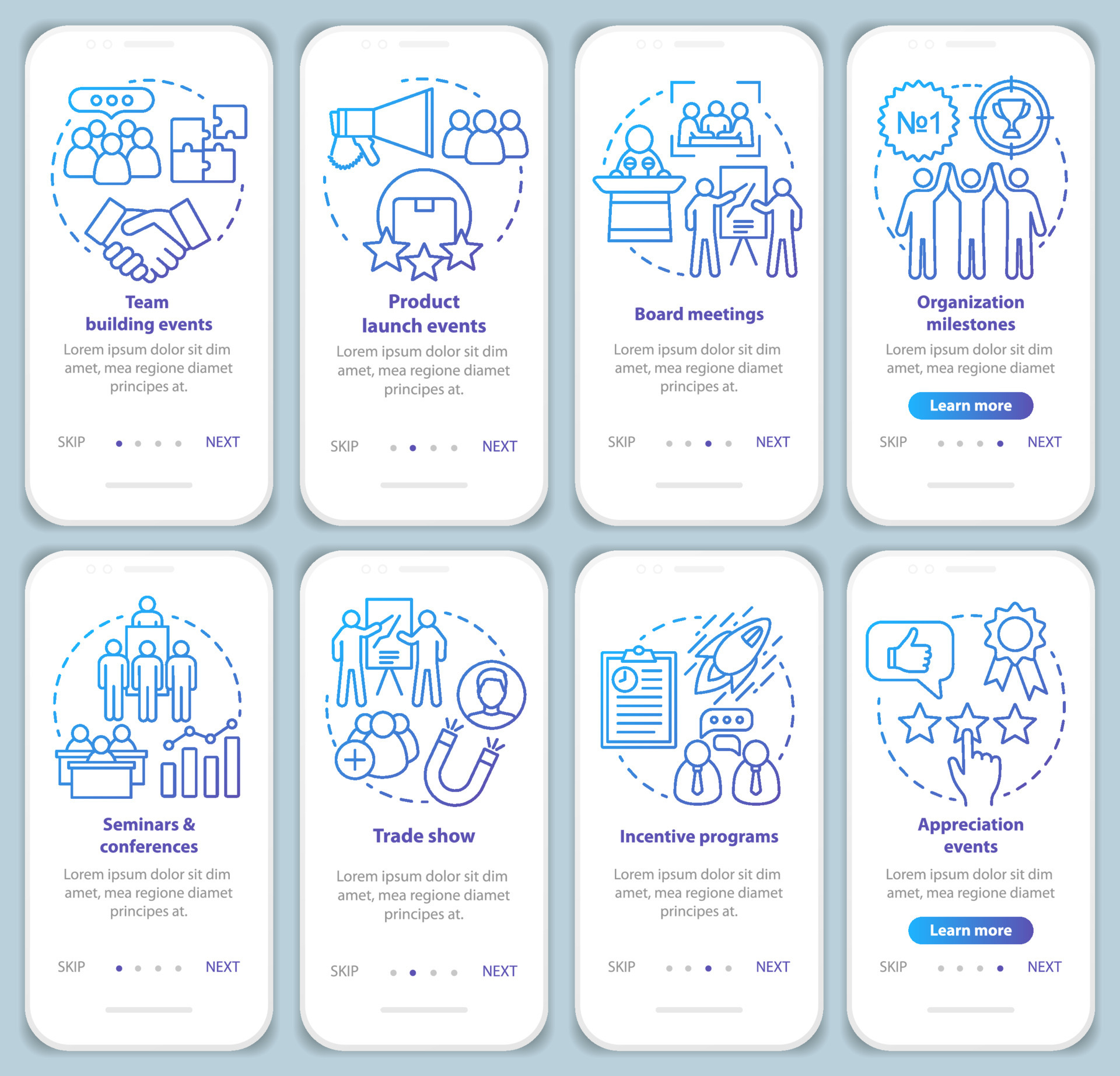 Corporate Events Management Onboarding Mobile App Page Screen With Linear Concepts Company