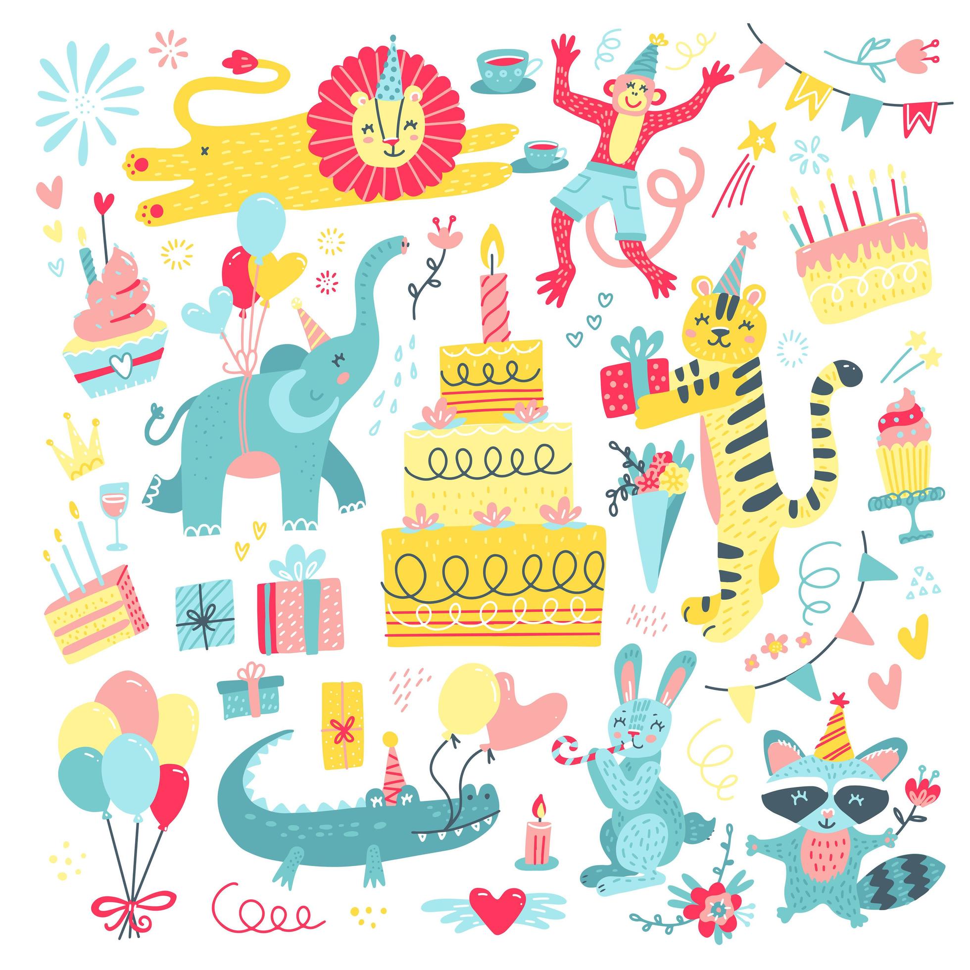 Happy birthday animal party. Children themed party chacters of cute ...