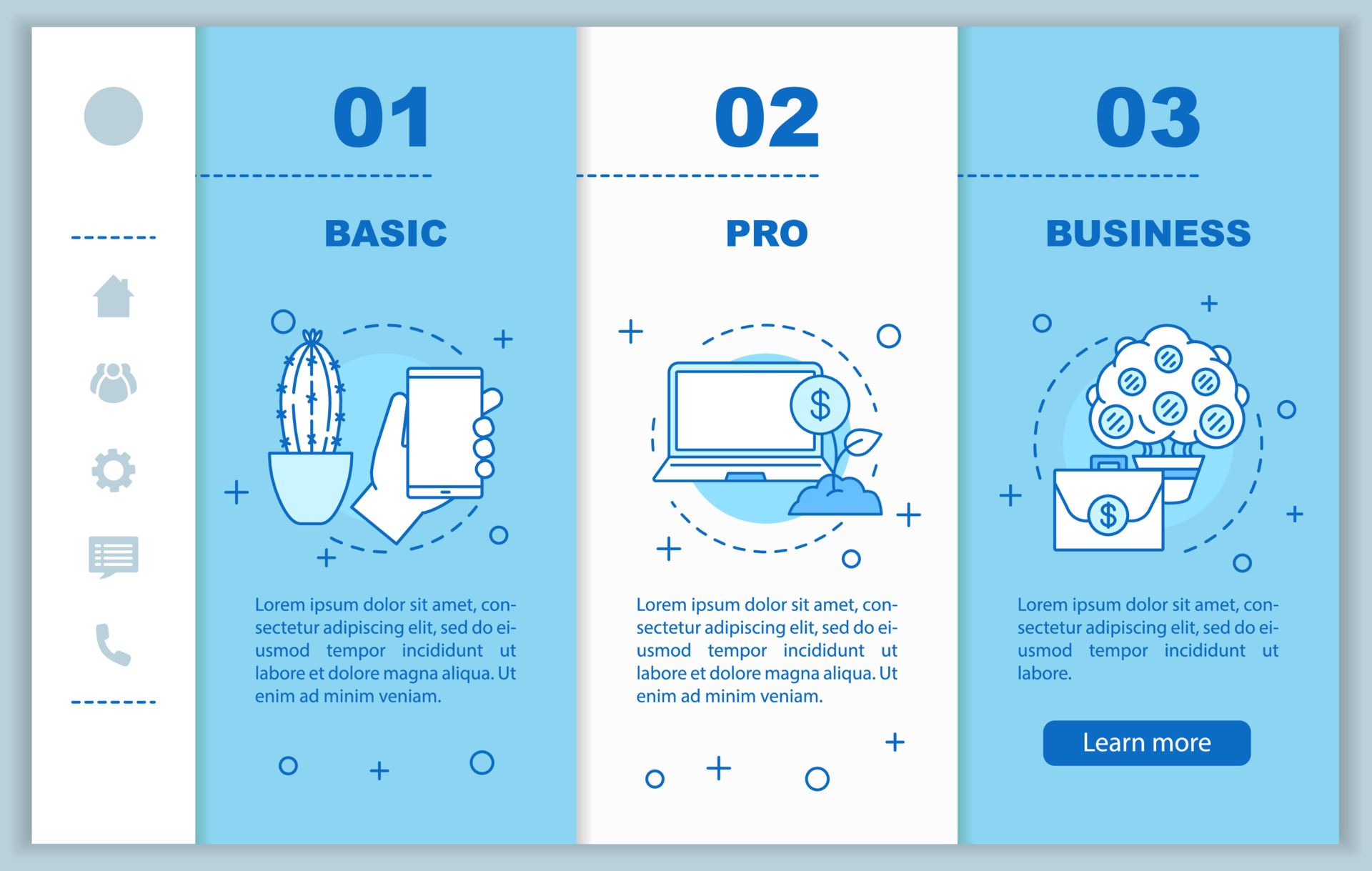 Business Development Onboarding Mobile Web Pages Vector Template Basic Pro Options Financial