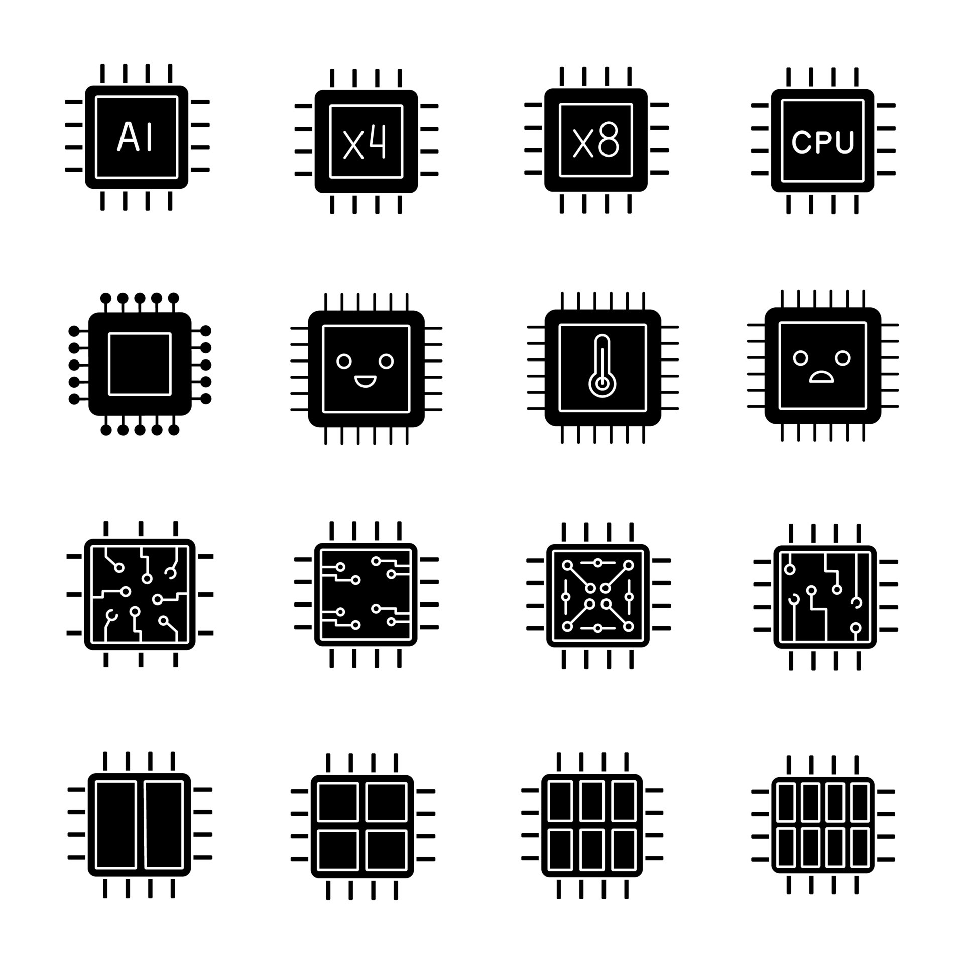 Processors Glyph Icons Set Multi Core Processors Chips Microchips Chipsets Cpu Central