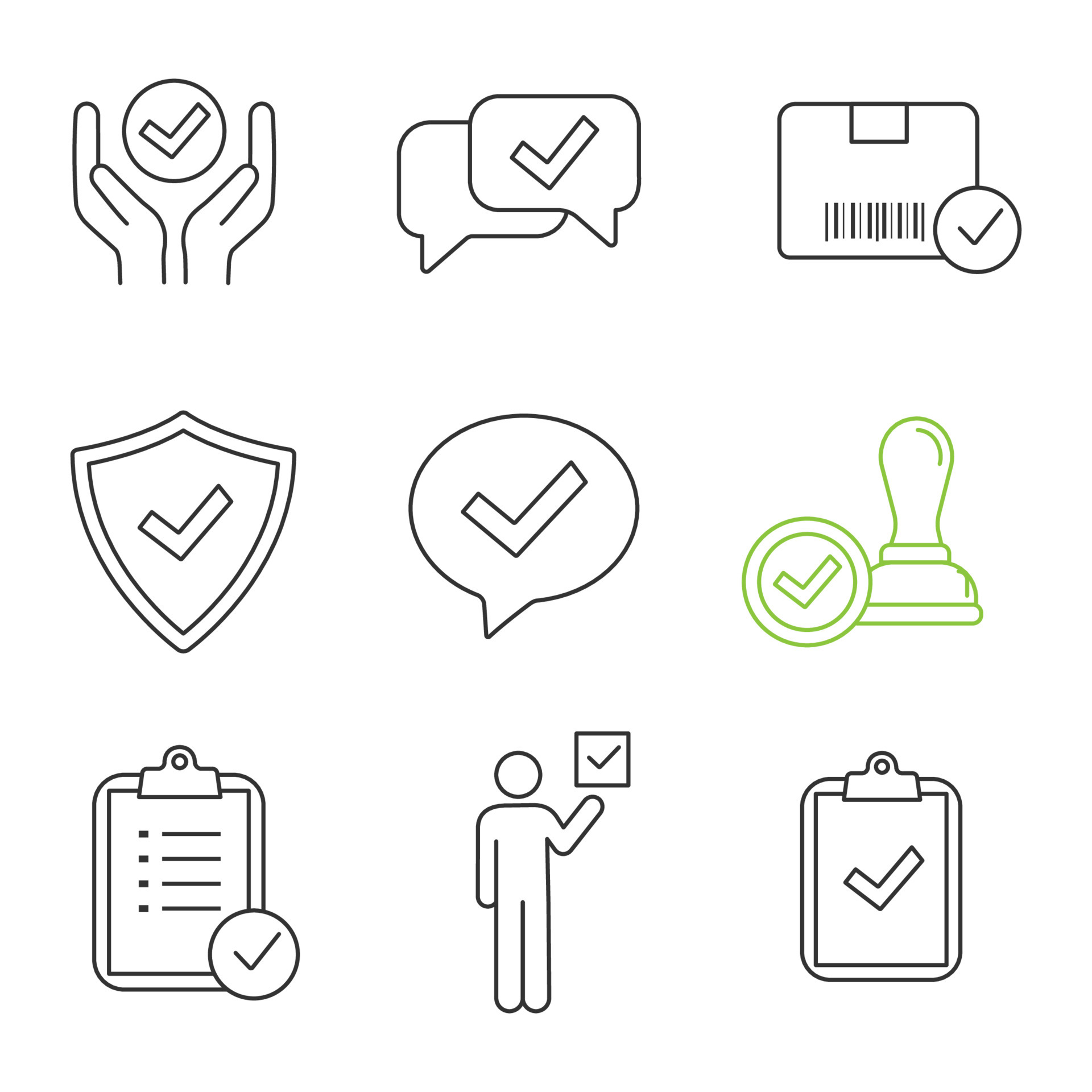 Approve linear icons set. Quality service, approved chat, delivery, security, dialog, stamp ...