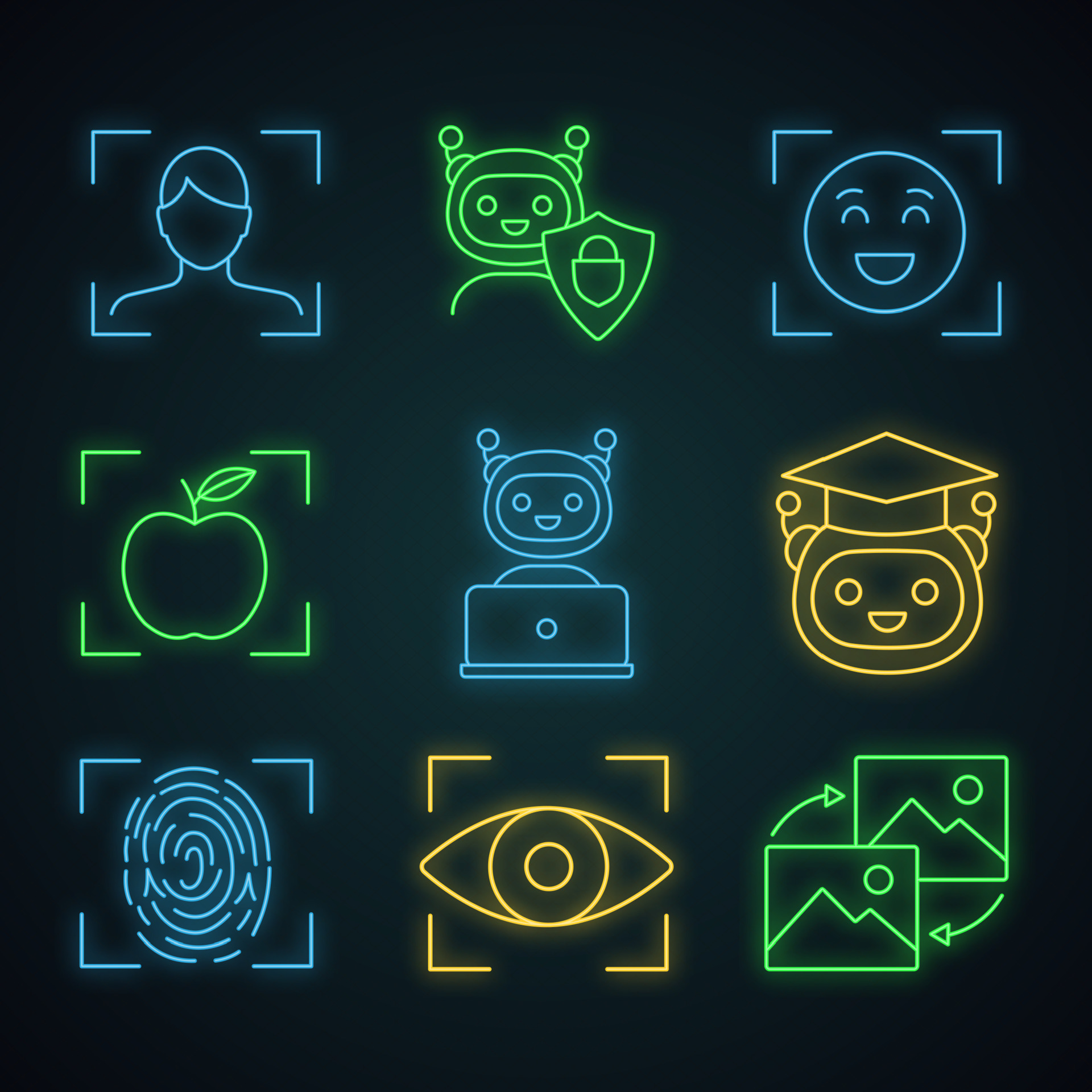 Machine Learning Neon Light Icons Set Artificial Intelligence Chatbot Face Retina