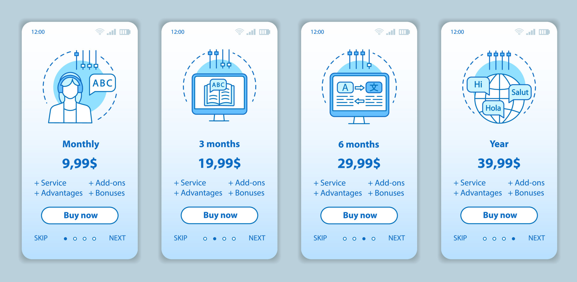 Language Learning Onboarding Mobile App Screens With Service Prices