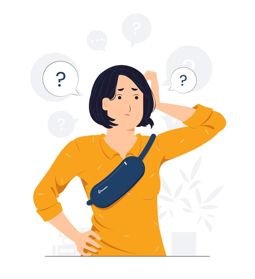 Questioned, thinking, and confused with question mark looking up with ... Questioned, thinking, and confused with question mark looking up with ...