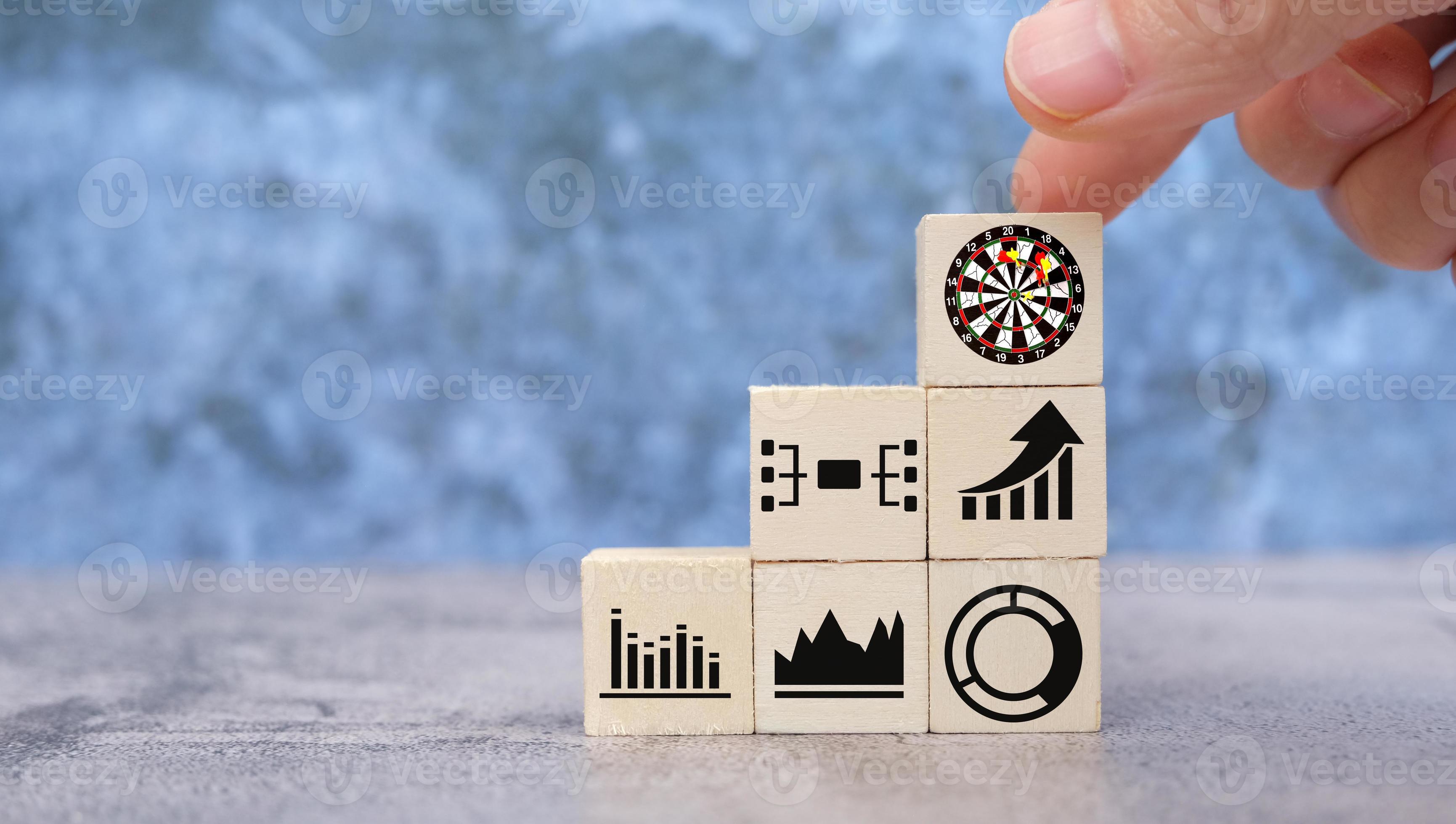 Hand stack woods block step on table with icon regarding business ...