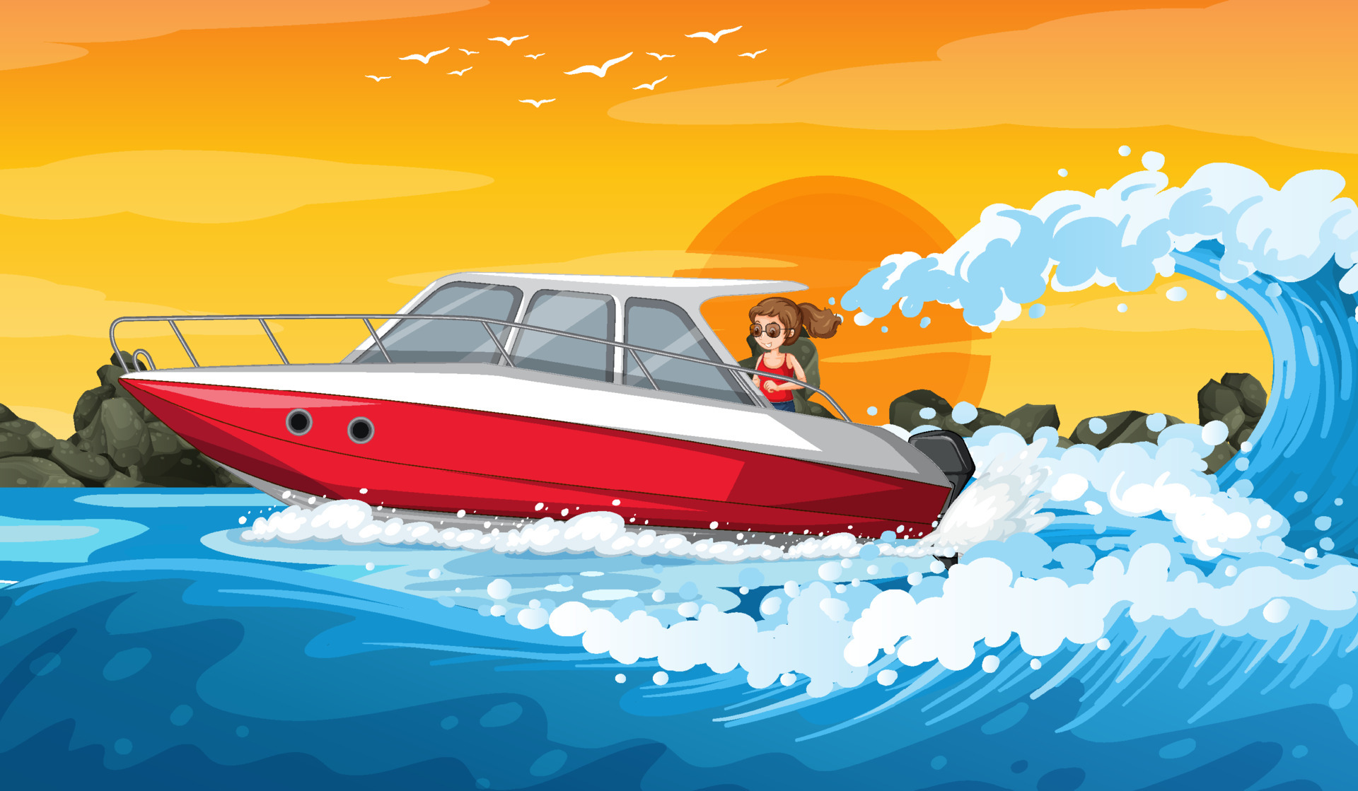Ocean Wave Scenery With A Woman Driving A Boat 6037073 Vector Art At Vecteezy