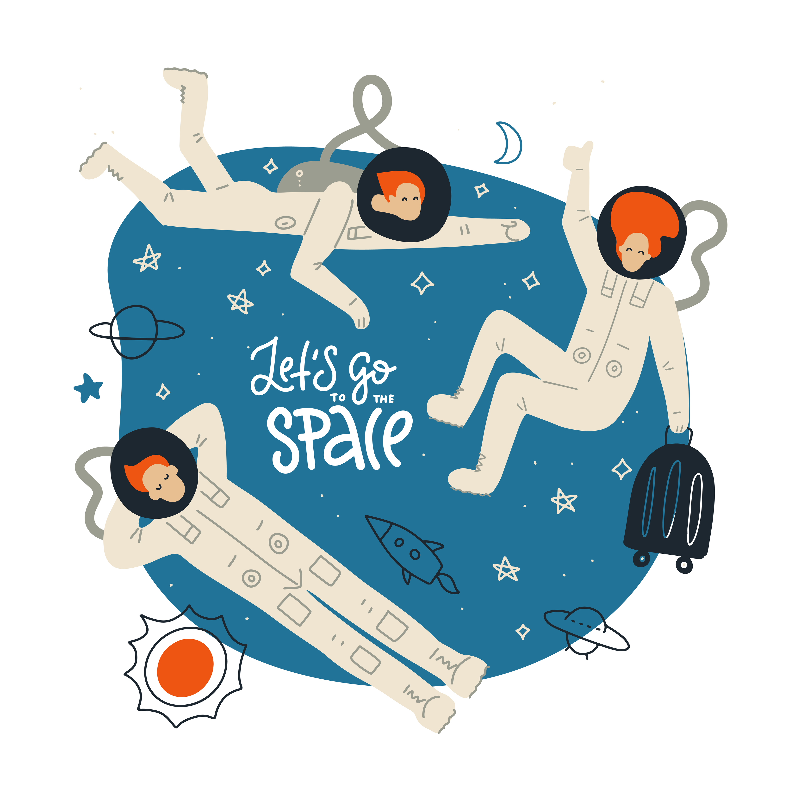 Let s go to the space. Space theme concept. Tree astronauts having fun ...