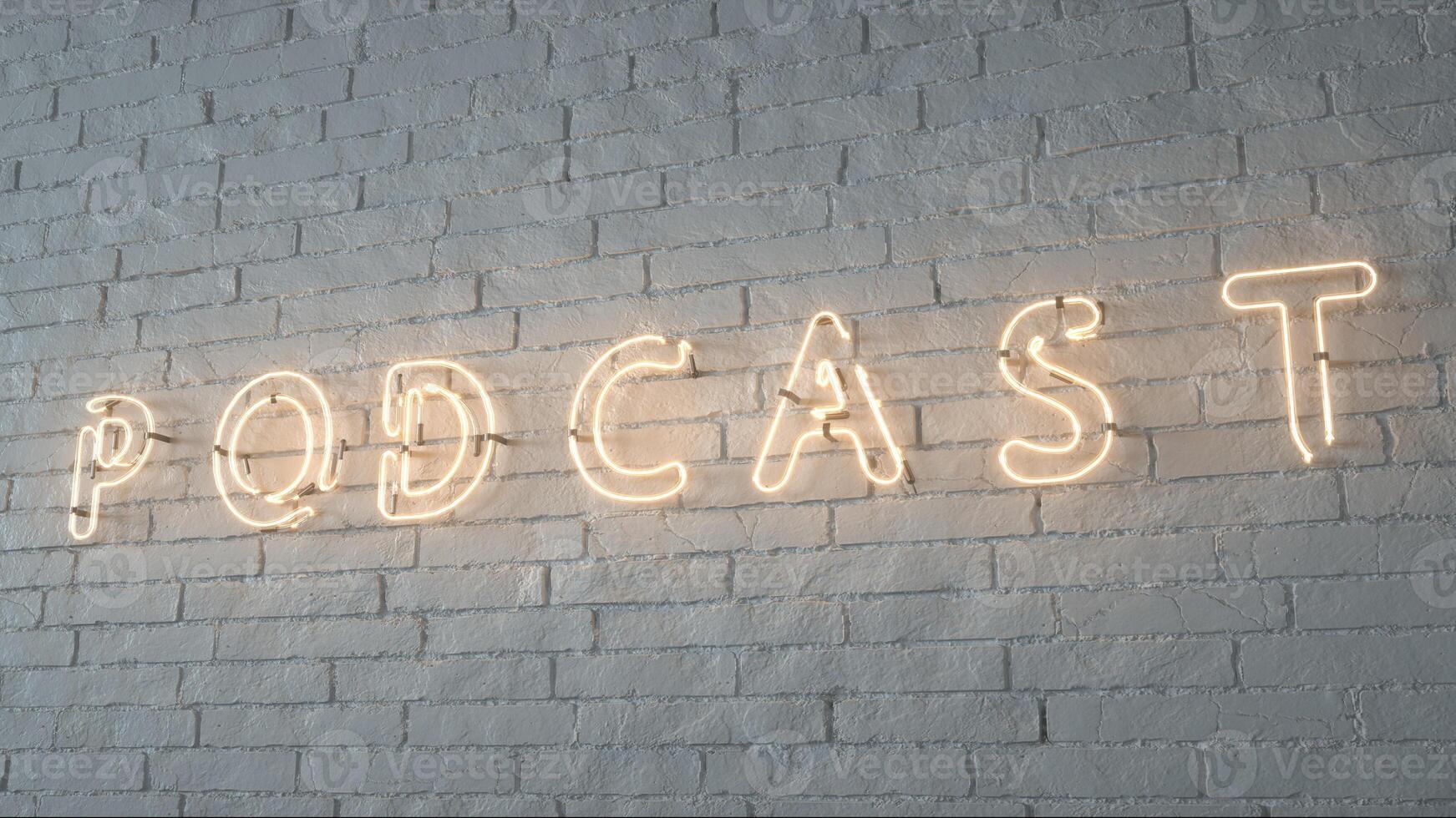 Podcast neon sign. Glowing podcast emblem on white brick wall ... Podcast neon sign. Glowing podcast emblem on white brick wall ...