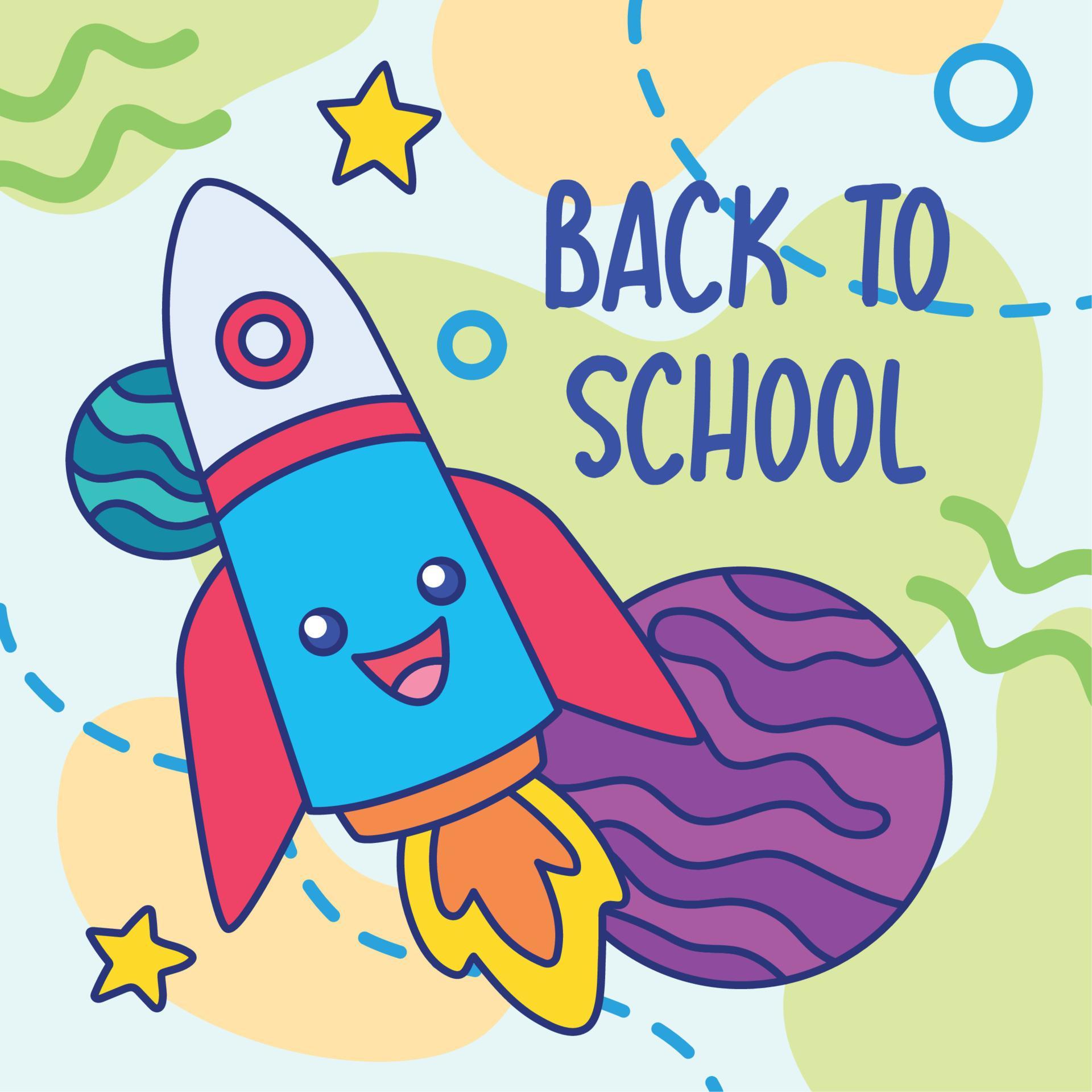 Colored back to school poster astronomy class Happy rocket character ...