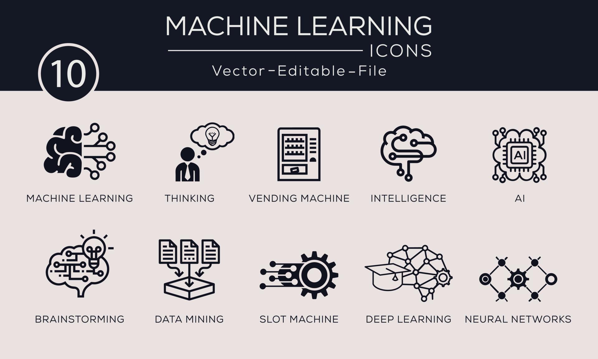 Machine learning concept icons set. Contains such icons algorithm, data mining, smart ...