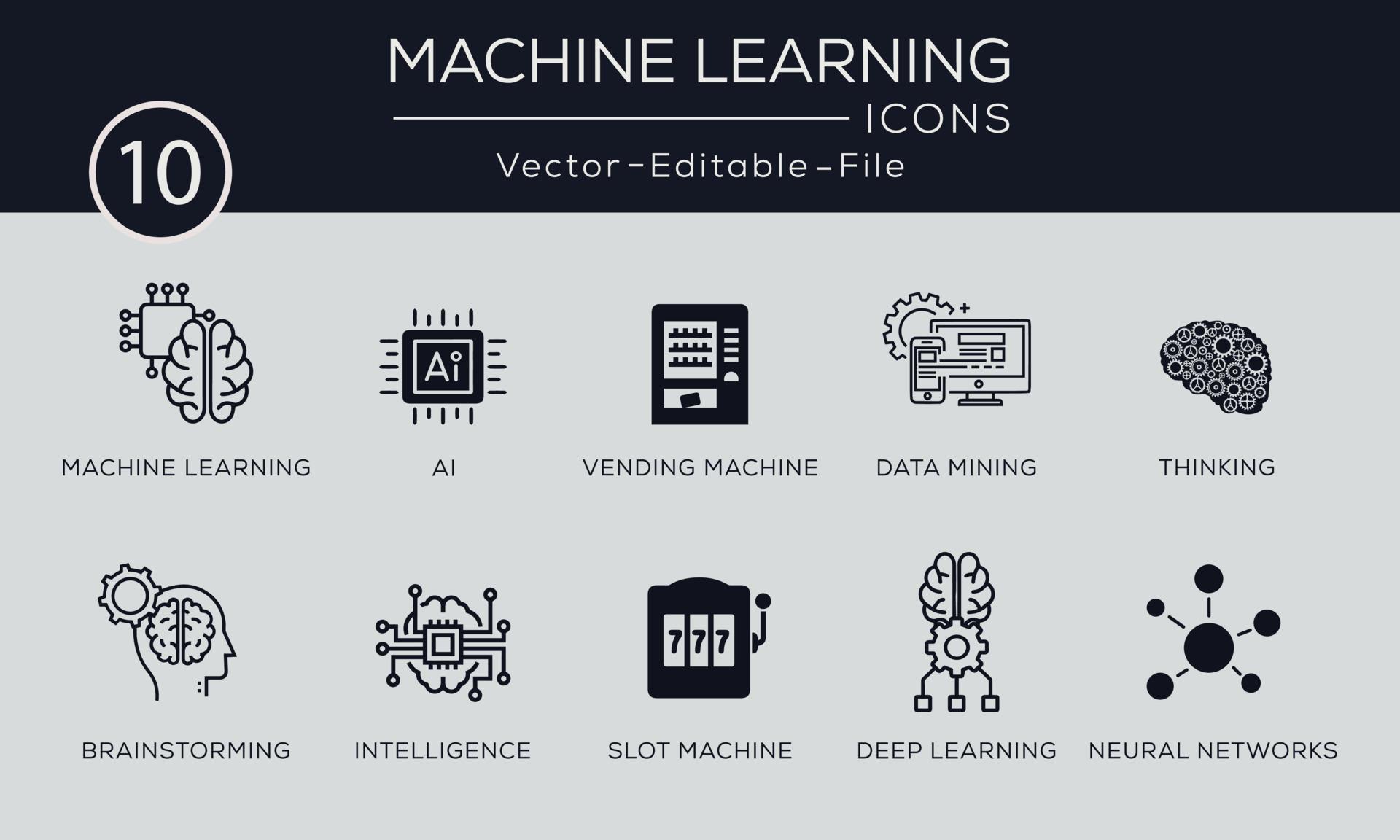 Machine learning concept icons set. Contains such icons algorithm, data ...