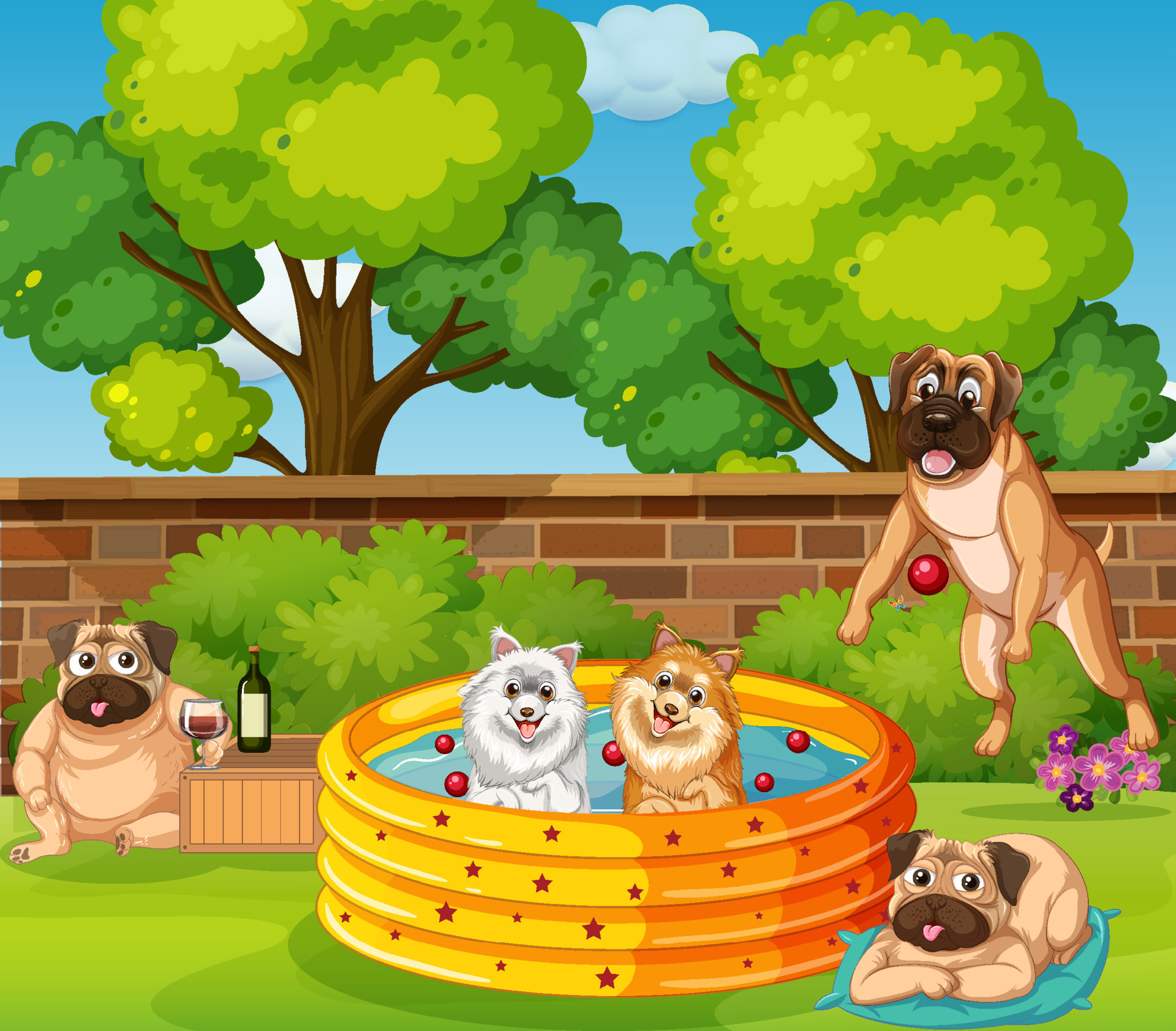 Many dogs playing in the park 6093534 Vector Art at Vecteezy