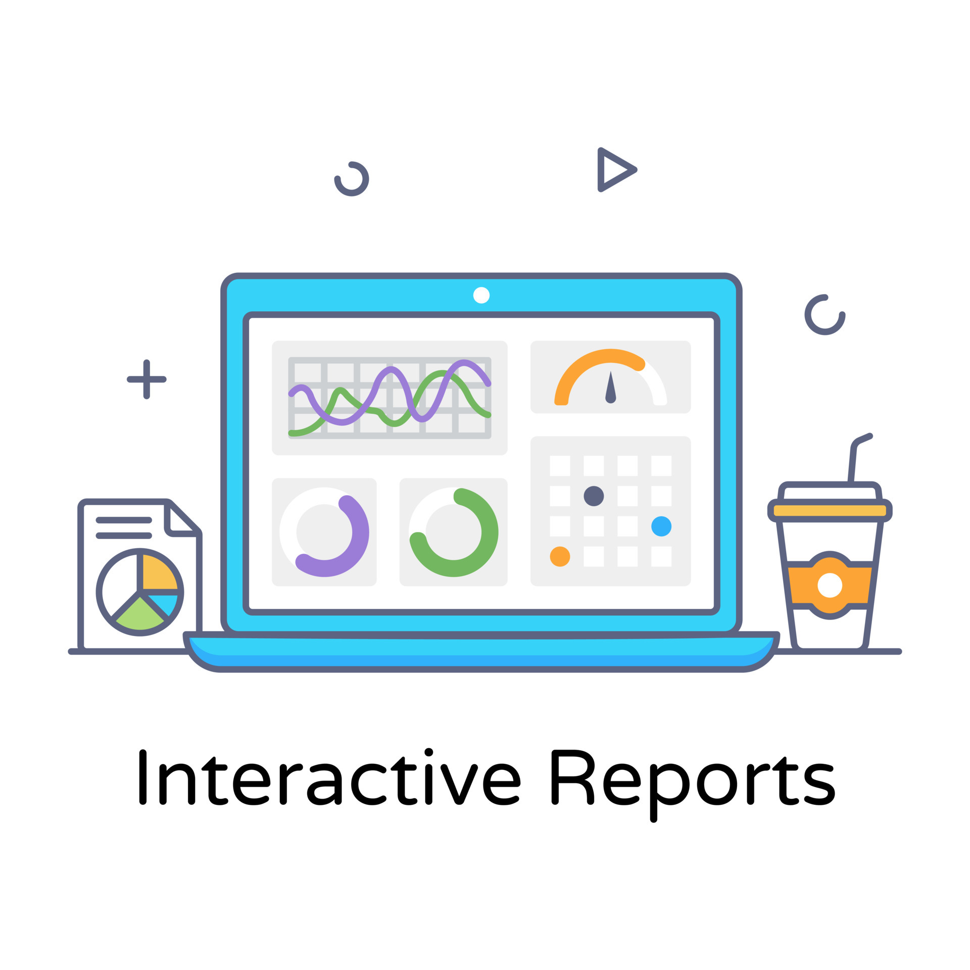 Flat outline conceptual icon of interactive reports, performance data ...
