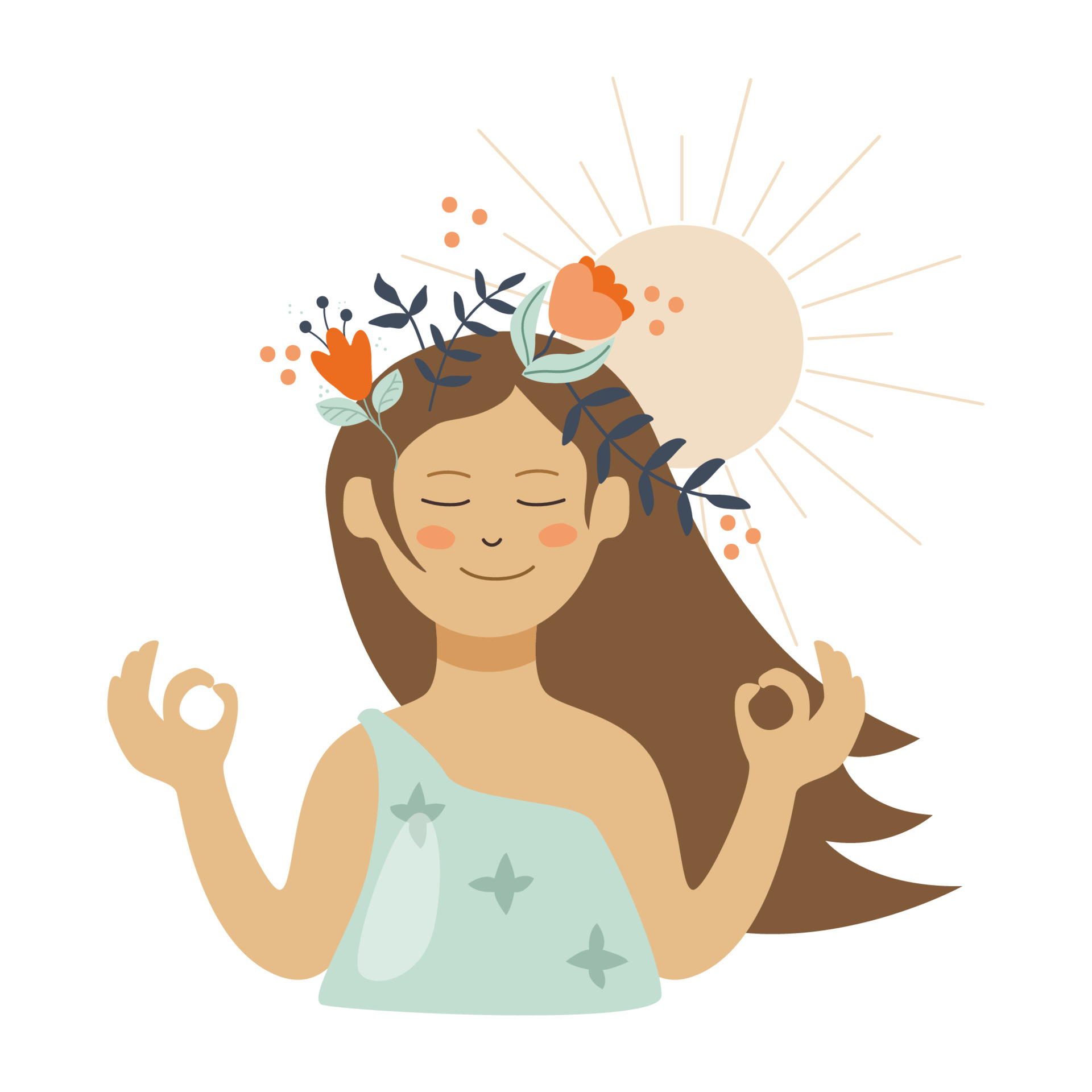 Feliz Mujer Sonriente Medita Y Está En Armonía Consigo Misma El