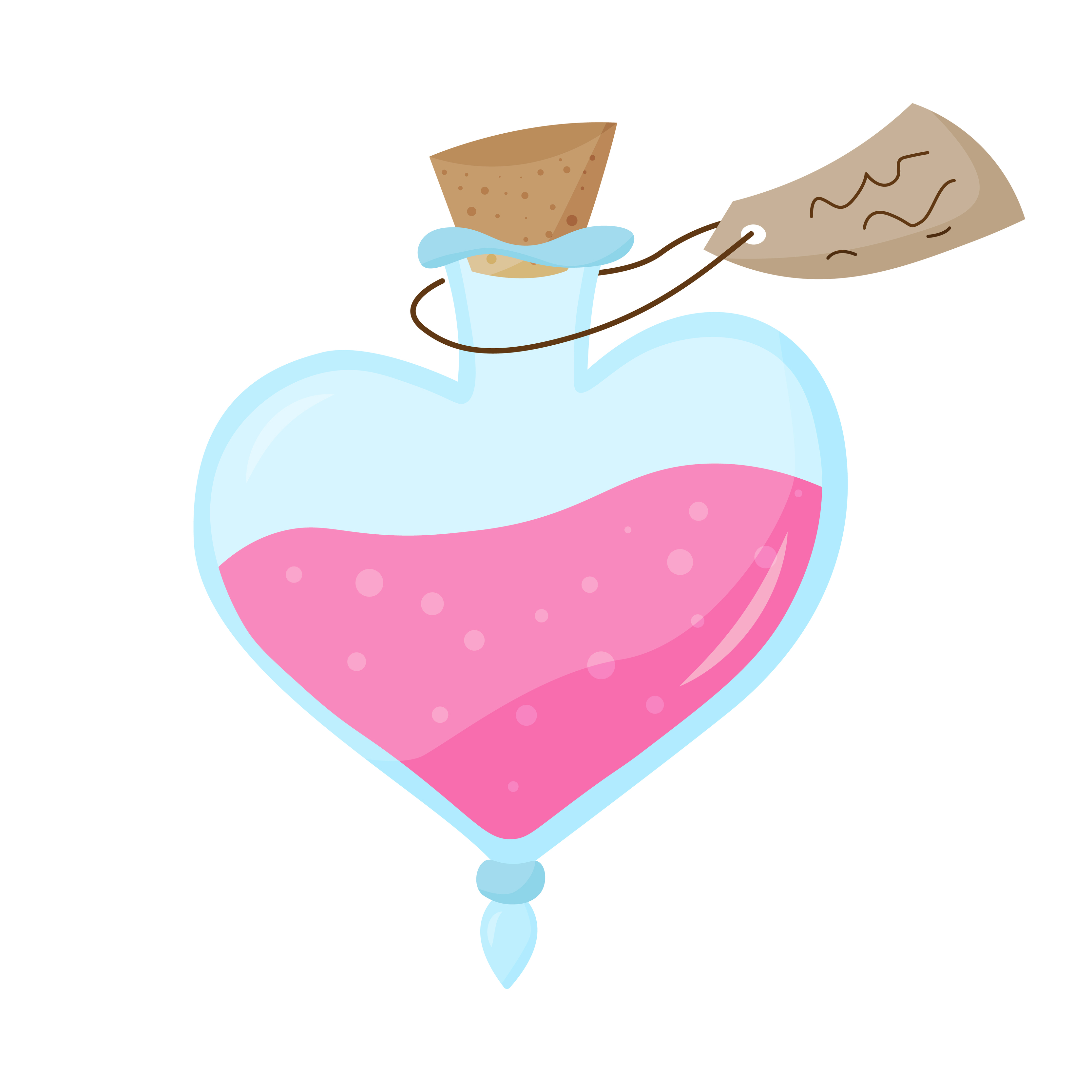 Pink magic potion in a heart-shaped bottle with a tag. Love Potion ...