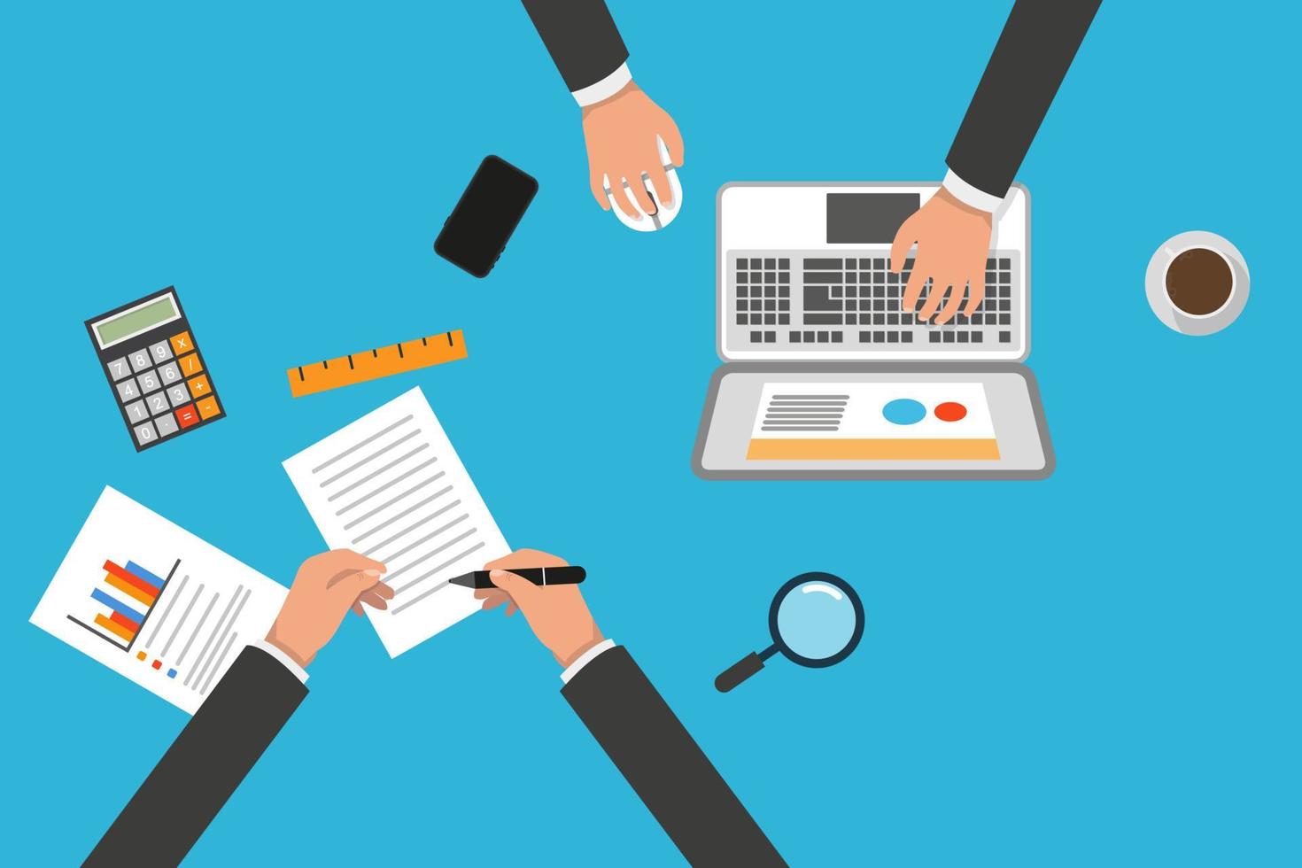 Teamwork Analyzing A Project In A Business Meeting Vector Illustration teamwork-analyzing-a-project-in-a-business-meeting-vector-illustration