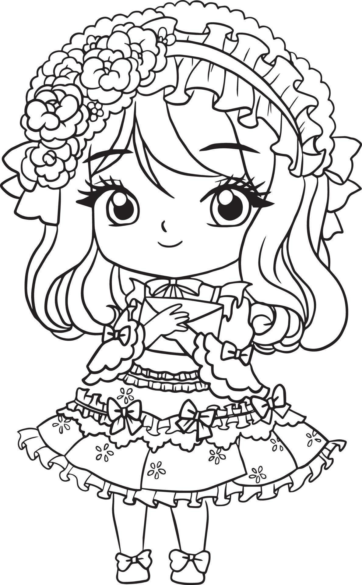 coloring page cartoon girl cute kawaii manga anime illustration ...