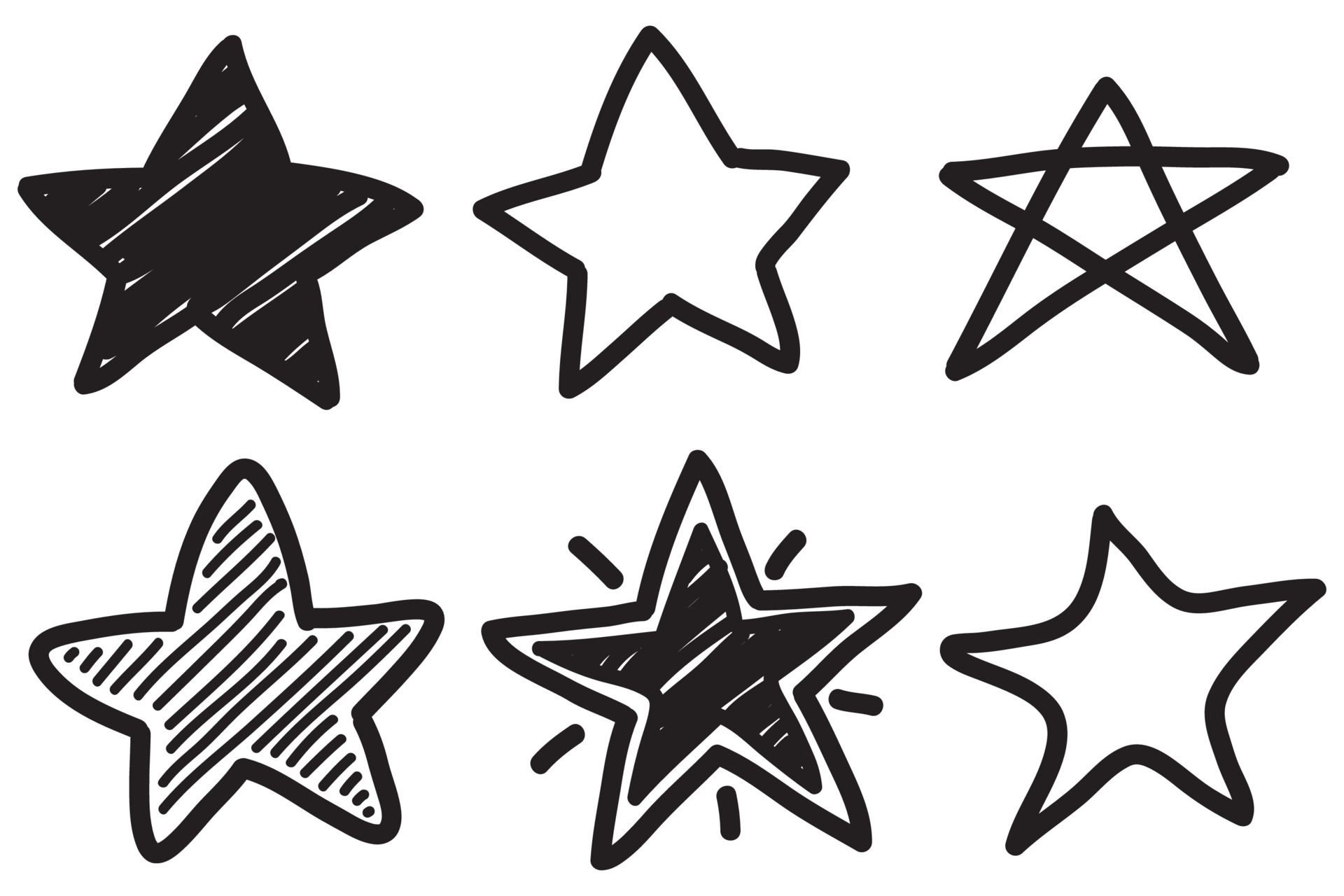 Set of black hand drawn doodle stars in isolated on white background ... Set of black hand drawn doodle stars in isolated on white background ...