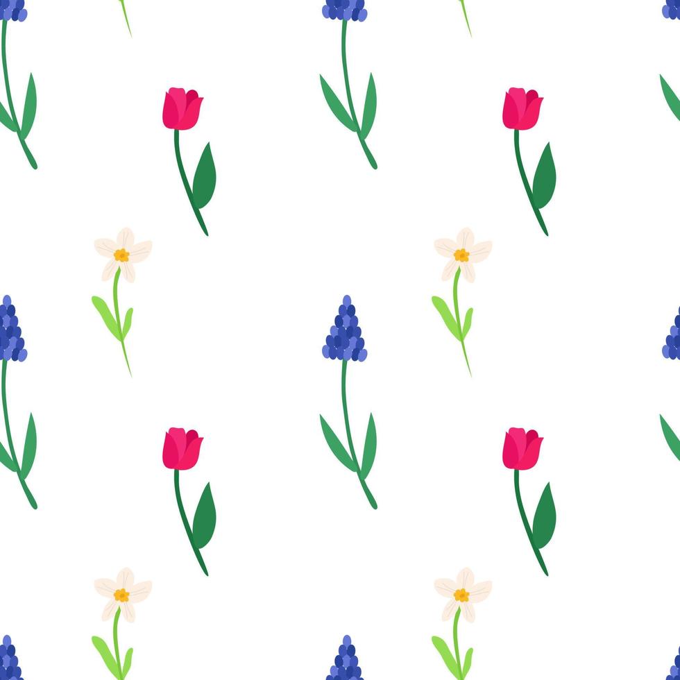 Seamless Pattern Of Spring Colorful Flowers Of Tulip Muscari Daffodils Festive Rustic Vector
