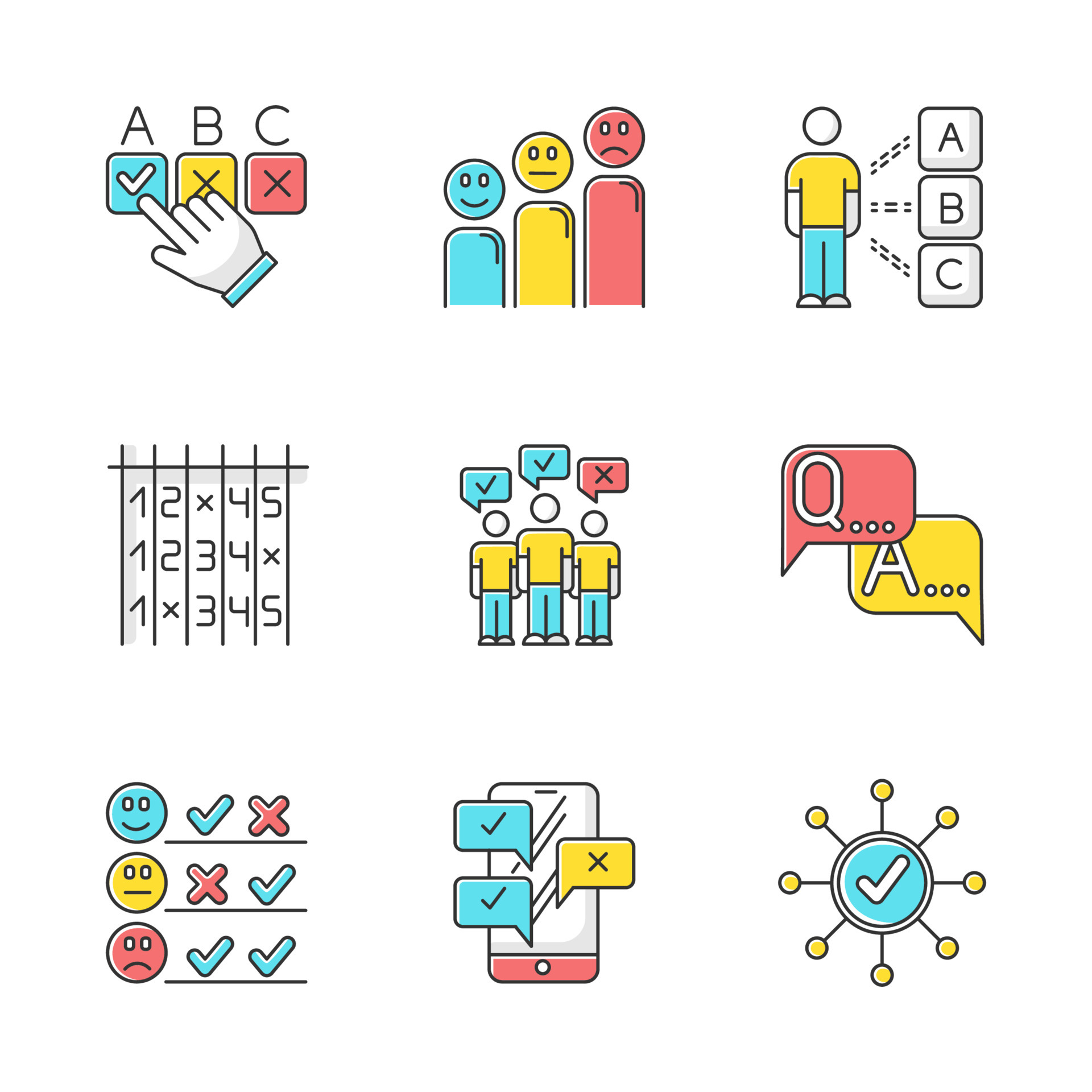 Survey Color Icons Set Choosing Checkbox Correct And Wrong Answer Satisfaction Level