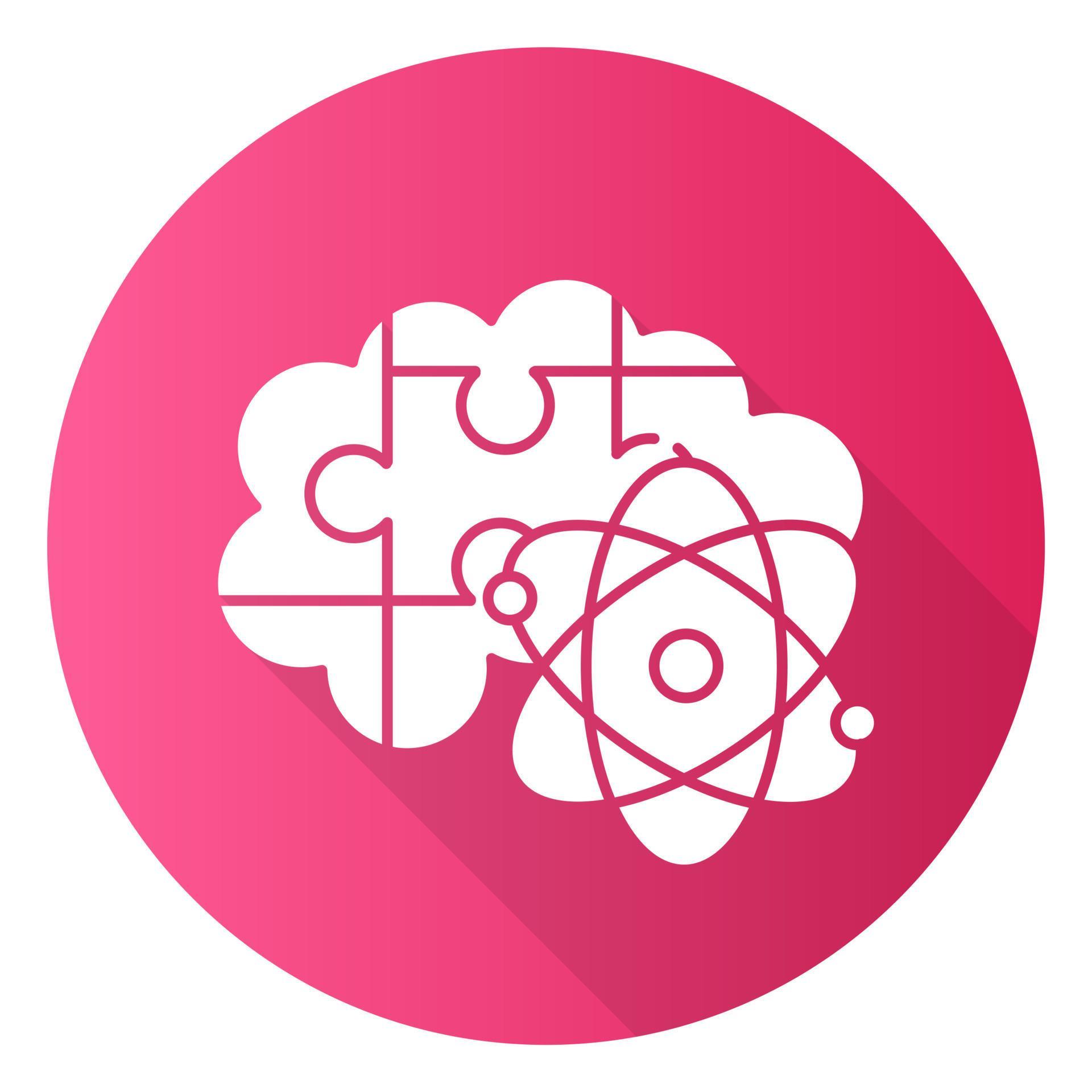 Brain teaser pink flat design long shadow glyph icon. Science puzzle ...