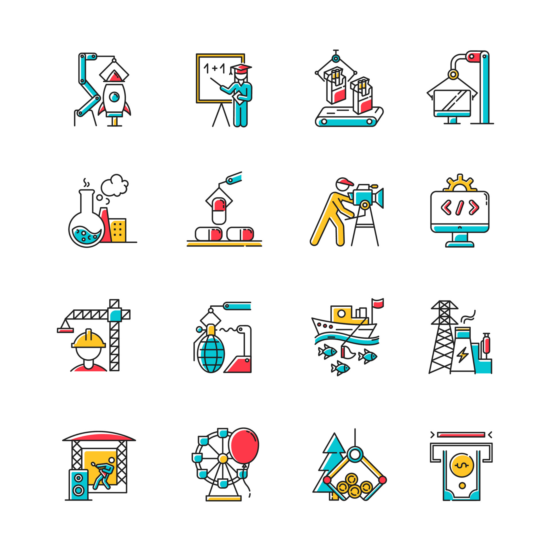 Industry types color icons set. Goods and services production ... Industry types color icons set. Goods and services production ...