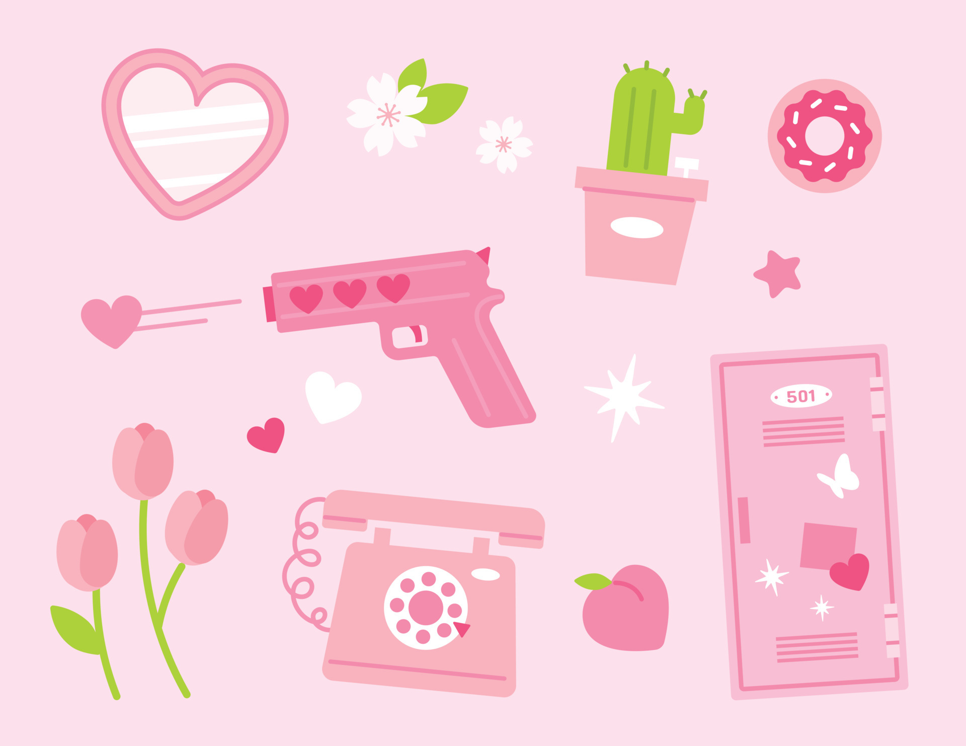 Collection Of Pink Objects Flat Design Style Vector Illustration