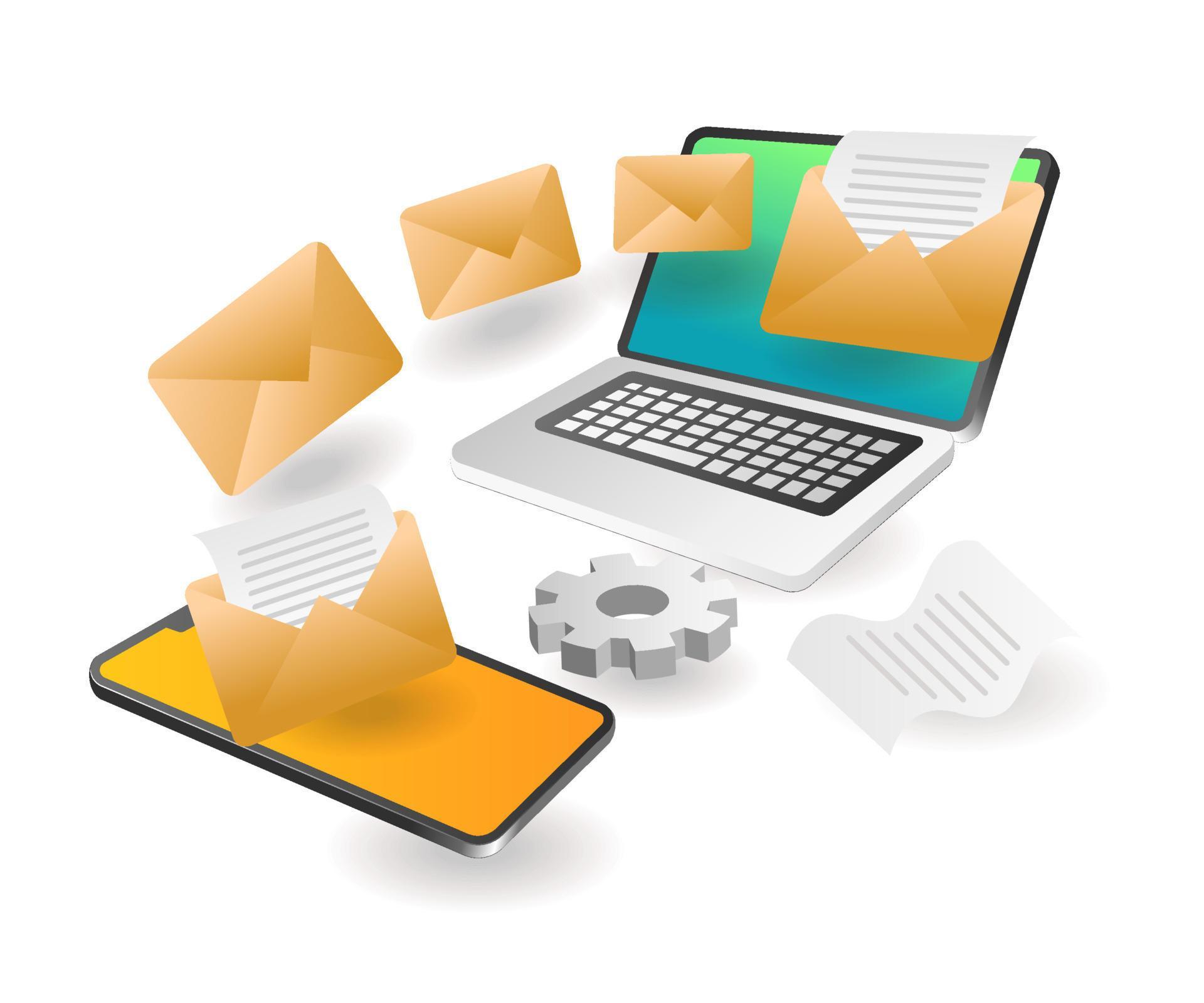 Flat isometric concept illustration. send email data from smartphone to ...