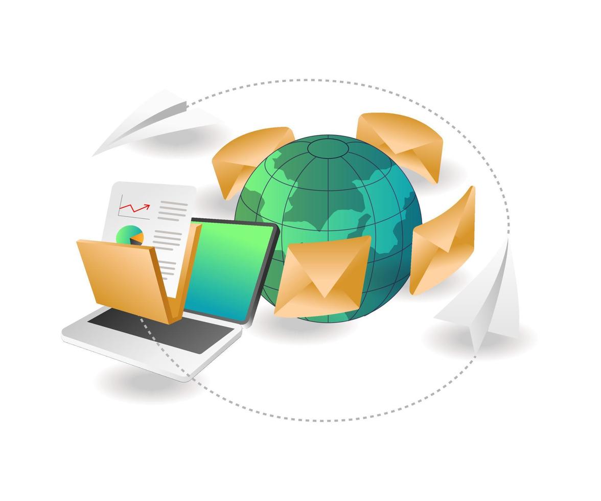 Flat isometric concept illustration. send email data to any part of the ...