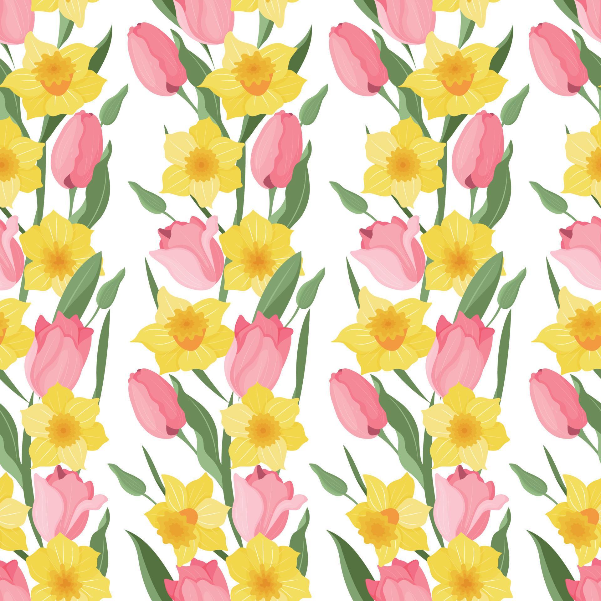 Vector Seamless Pattern Of Daffodils And Tulips Textiles And Wrapping Paper Spring Easter