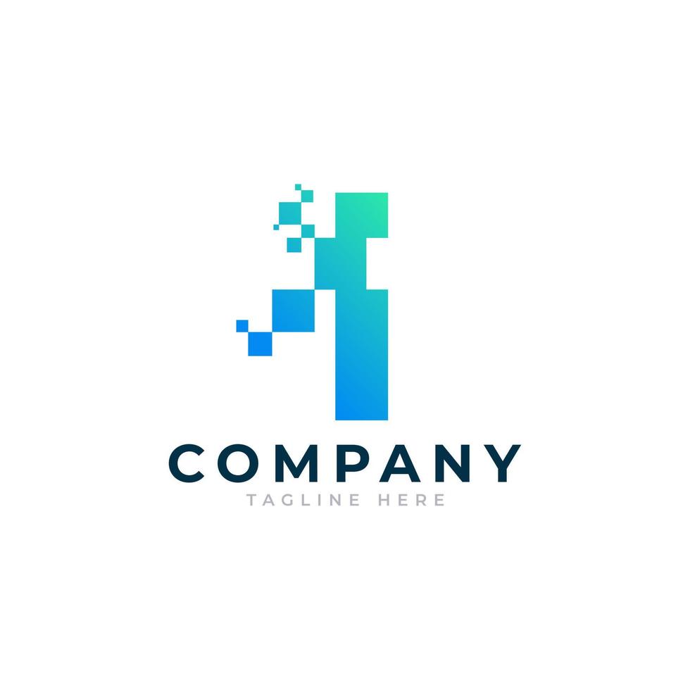 logotipo de la letra i de tecnología. forma geométrica azul y verde con puntos de píxeles ...
